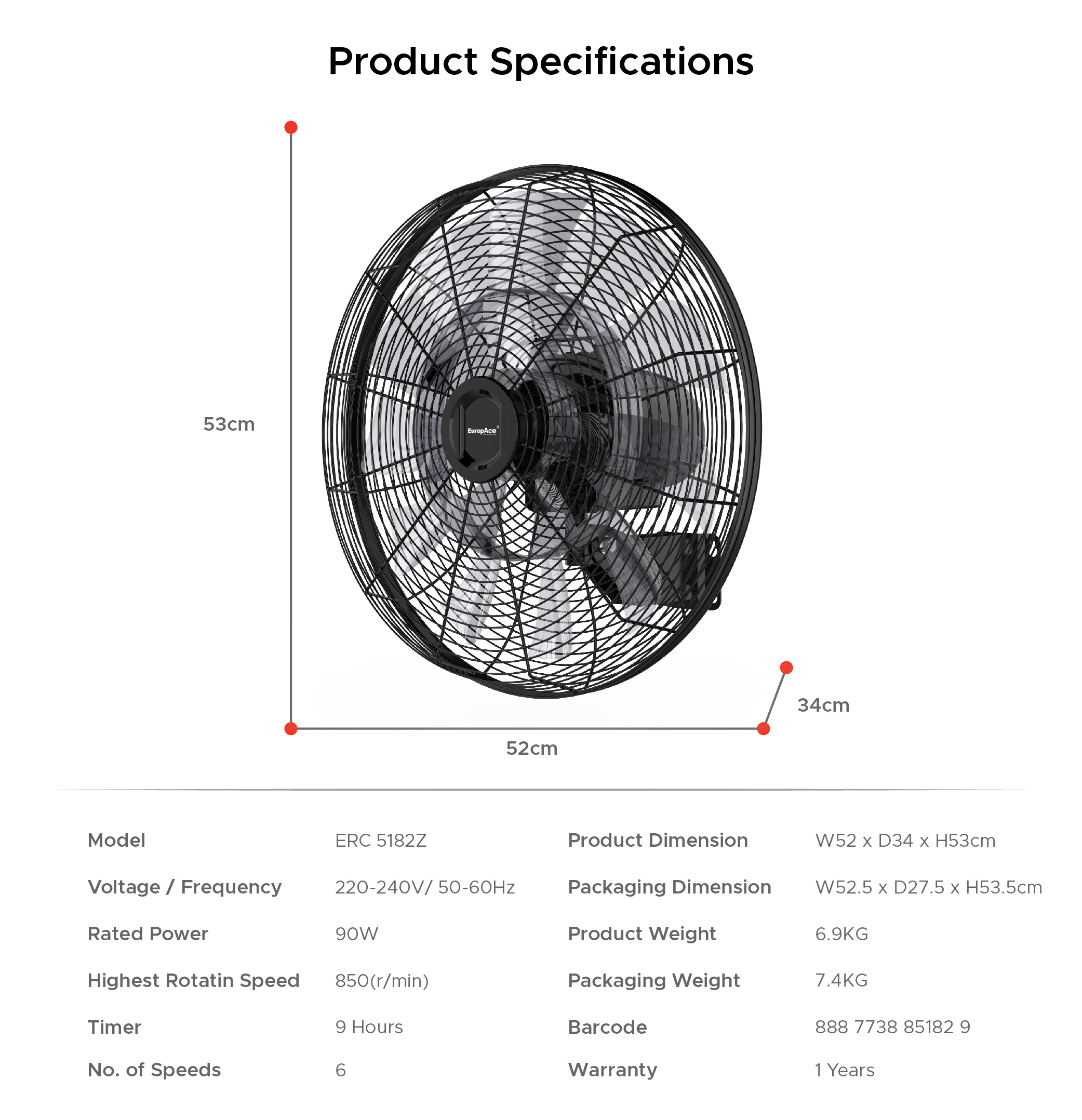 EuropAce 18" DC Circulator Wall Fan | ERC5182Z | The Most Powerful Air ...