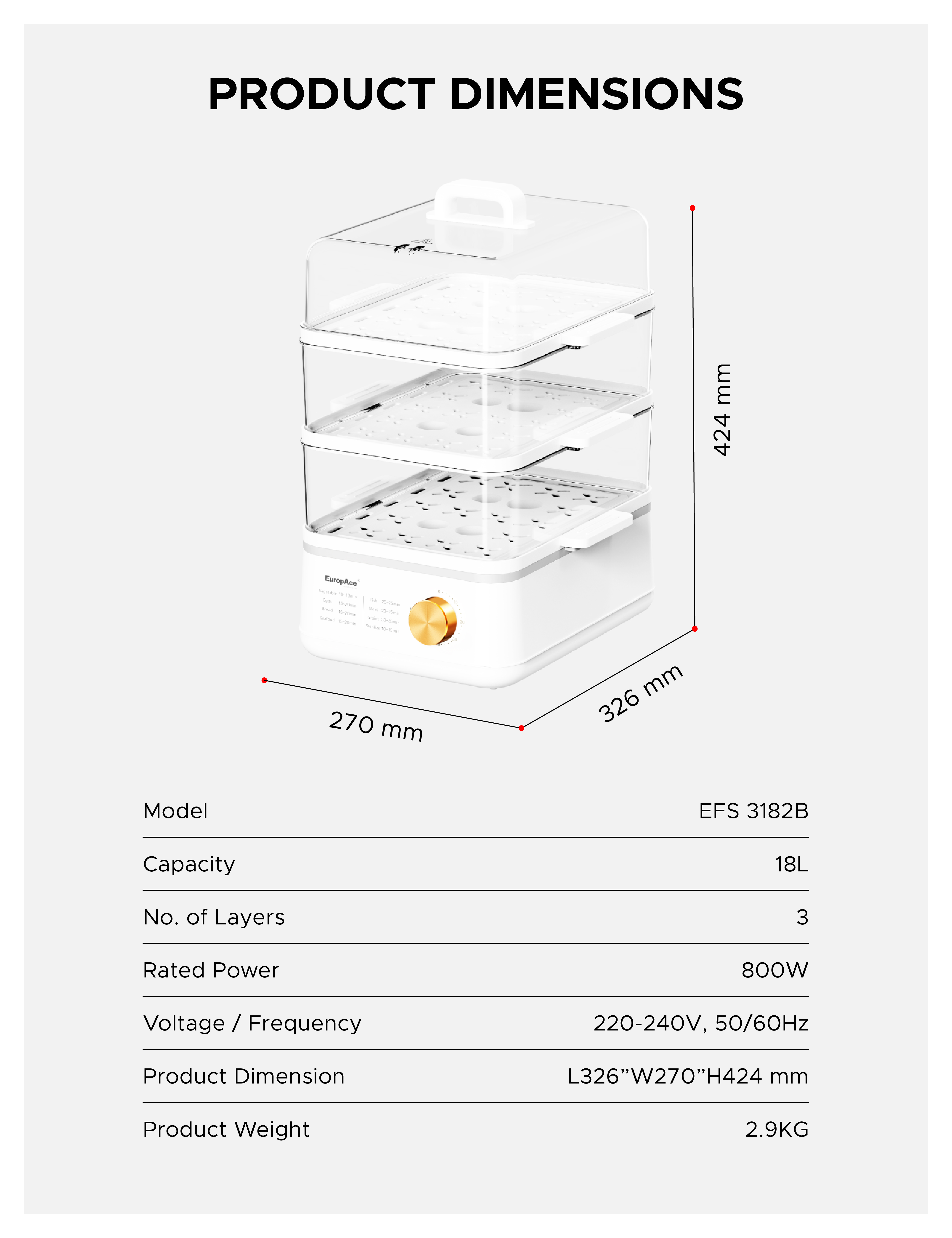 EuropAce 12/18L Food Steamer | EFS3122B EFS3182B | Vertical design ...