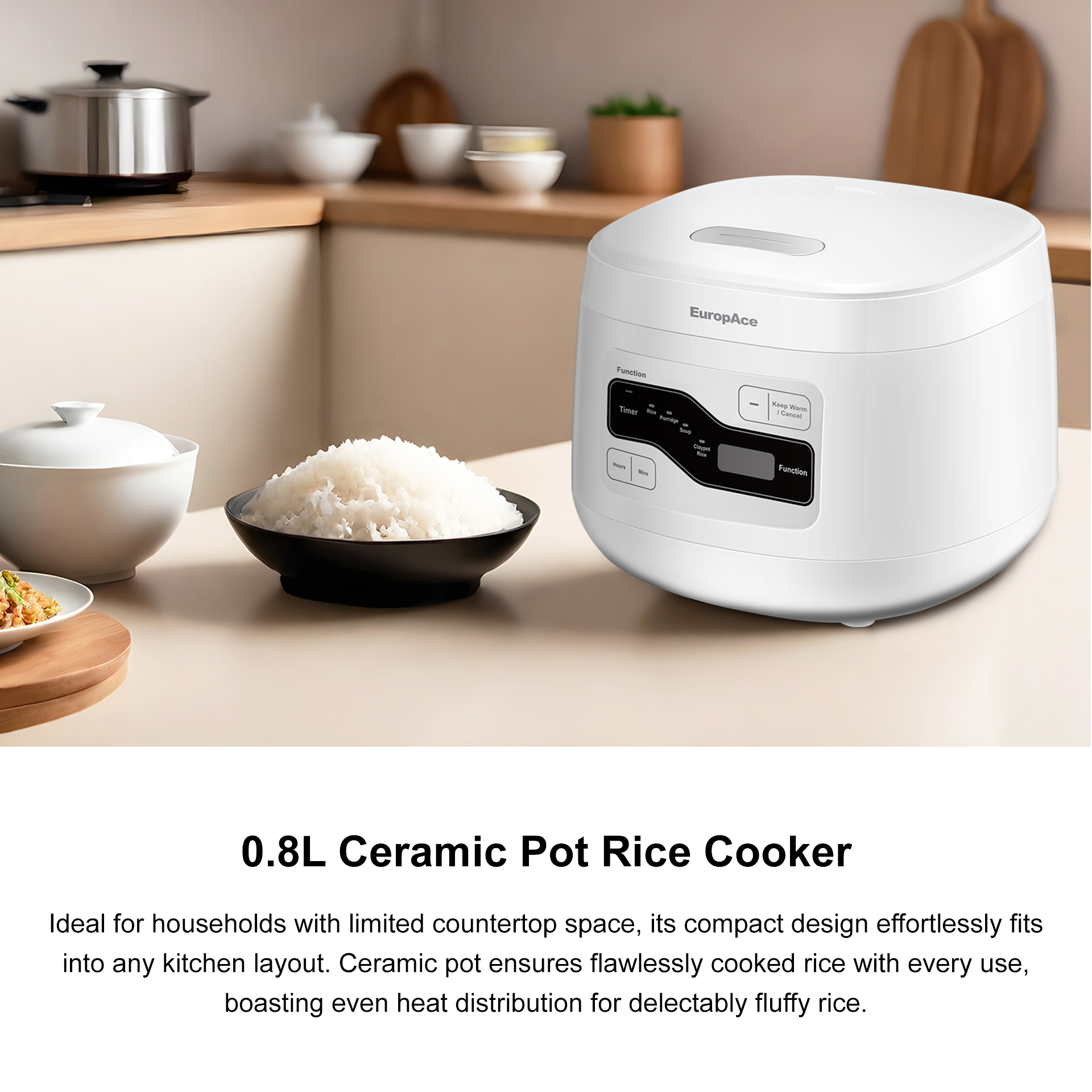 EuropAce 0.8L True Ceramic Pot Rice Cooker | ERJ5081DWH | Compact Sized ...