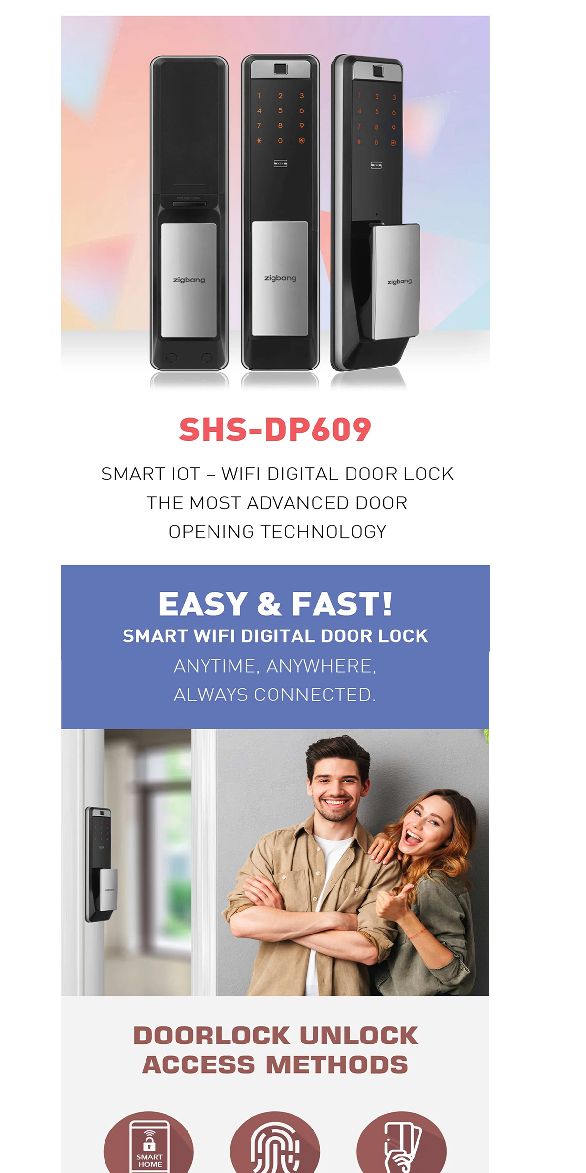 ZIGBANG SHP-DP609 WIFI DIGITAL LOCK. FINGERPRINT/CARD/PIN/KEY+WIFI MOBILE APP (FREE ...