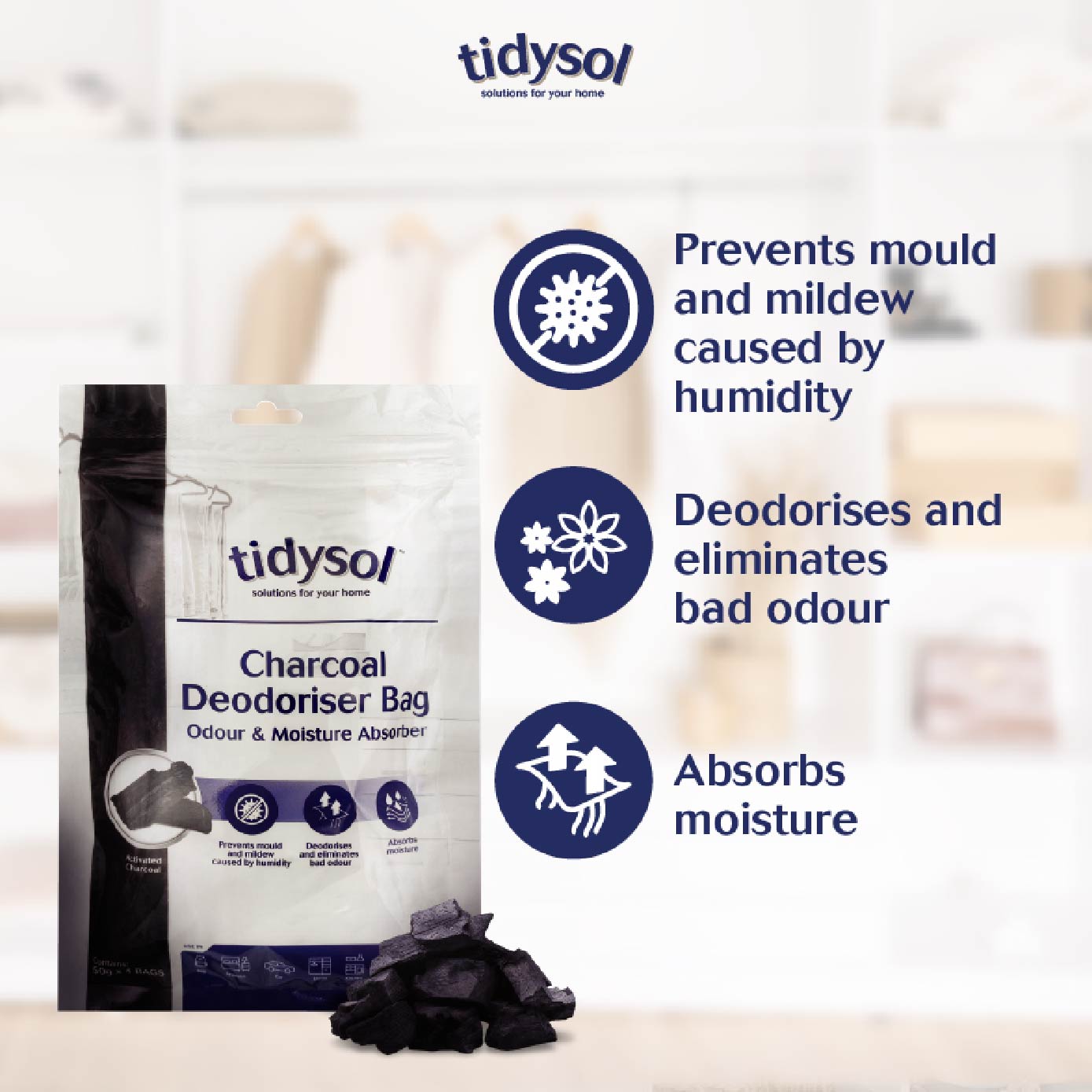 TIDYSOL Charcoal Deodoriser Bag (Odour and Moisture Absorber) 50g x 4s ...