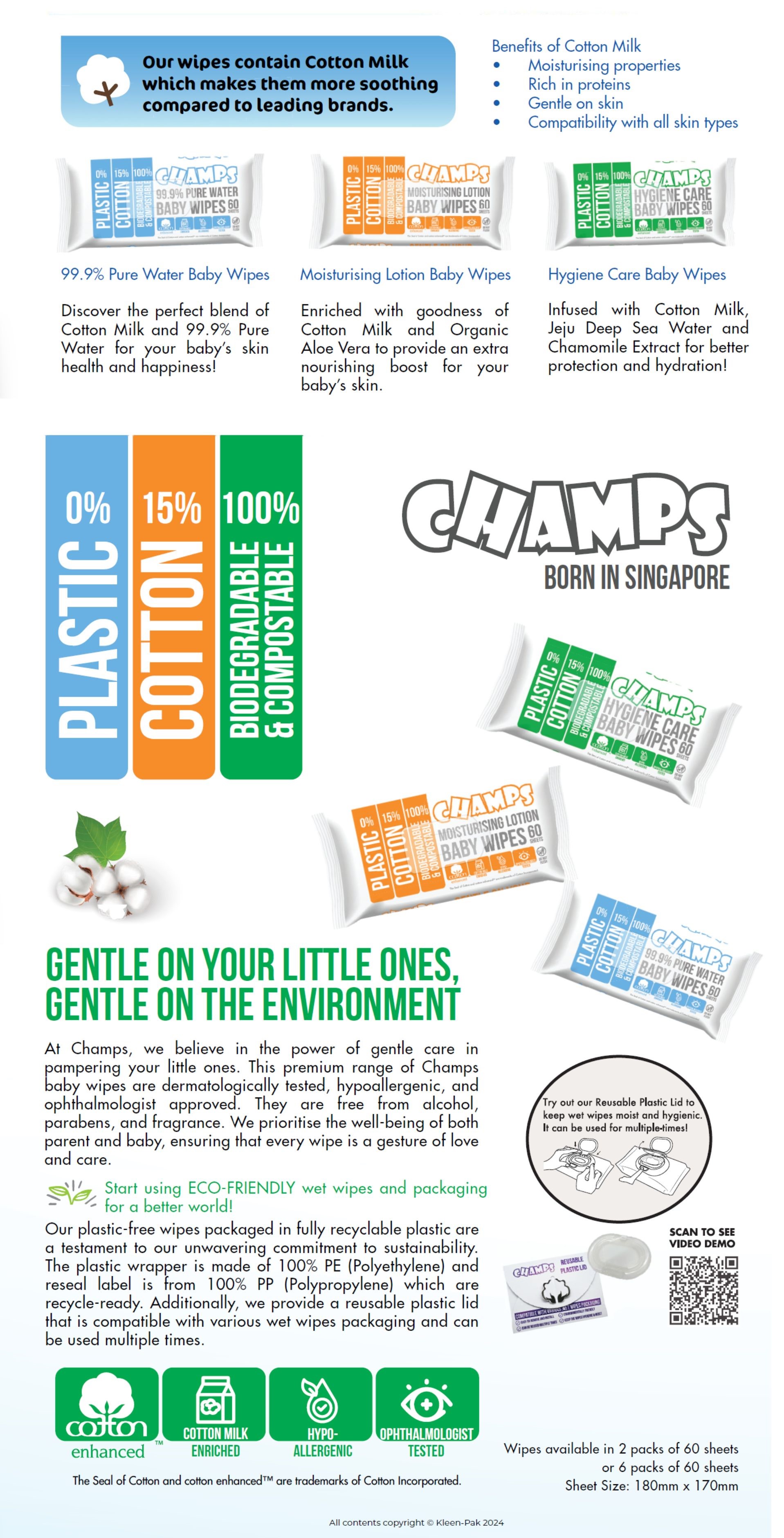 TTS - Champs Hygiene Care Baby Wipes (Infused with Cotton Milk, Jeju ...