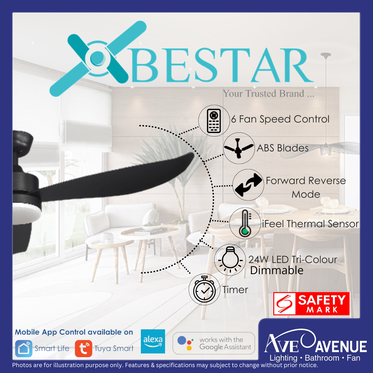 BESTAR RAZOR Smart WiFi DC Motor 46/54 Inch Ceiling Fan 3Blade with ...