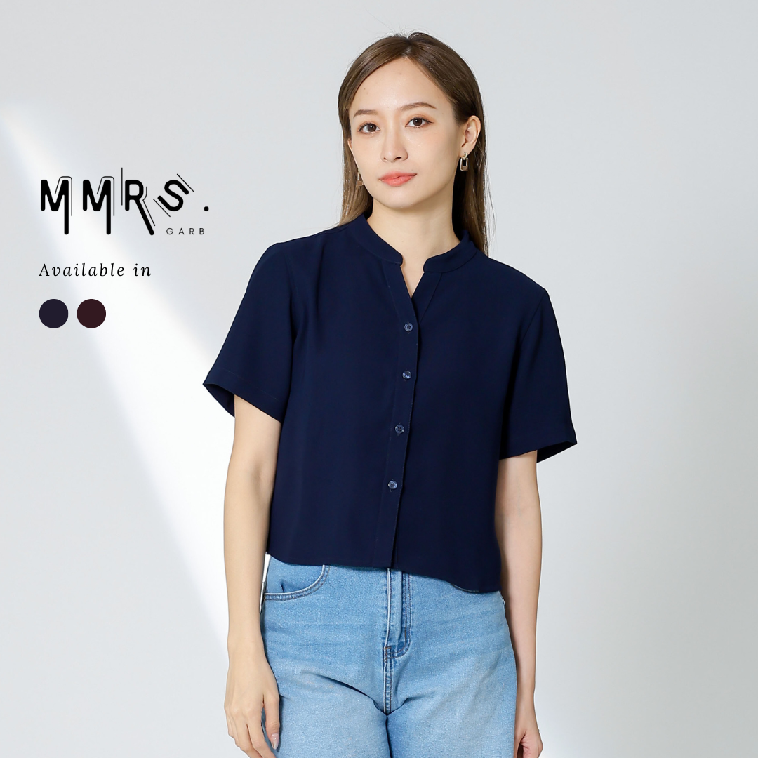 MMRS. Garb - Brandi Mandarin Collar Shirt - Navy | Shopee Singapore