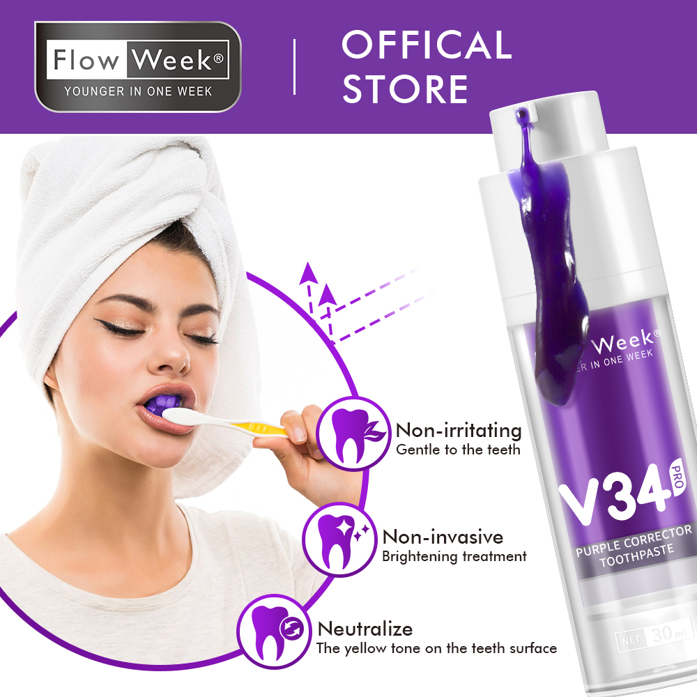 Flowweek V34 Pro Teeth Whitening Toothpaste Purple Toothpaste Smoker Stain Tartar Removal ...