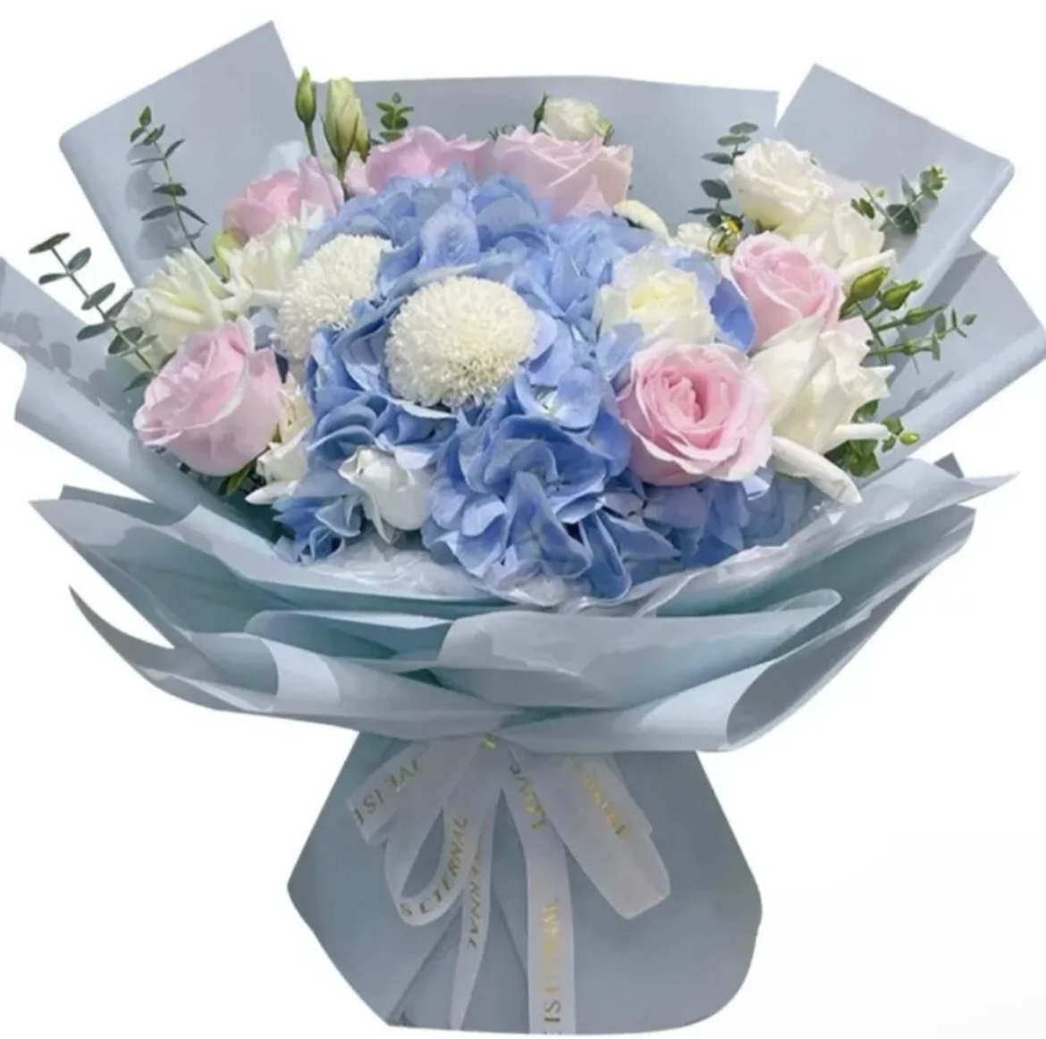 Fresh Flowers Pink Roses and Blue Hydrangea Flower Bouquet with Tiffany ...