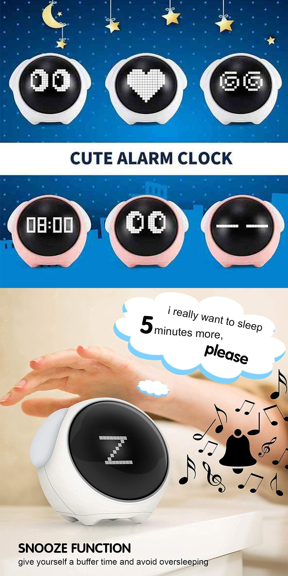 (SG) LED Digital Alarm Clock with Night Light, Emoji, Cute Ringtones ...