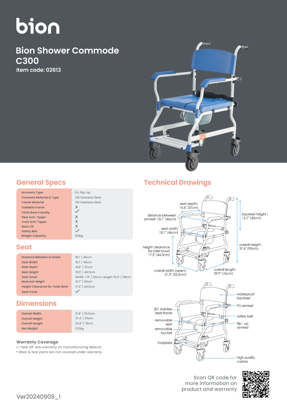 [New Arrival] Bion Shower Commode C300 | Max. 150kgs Stainless Steel ...