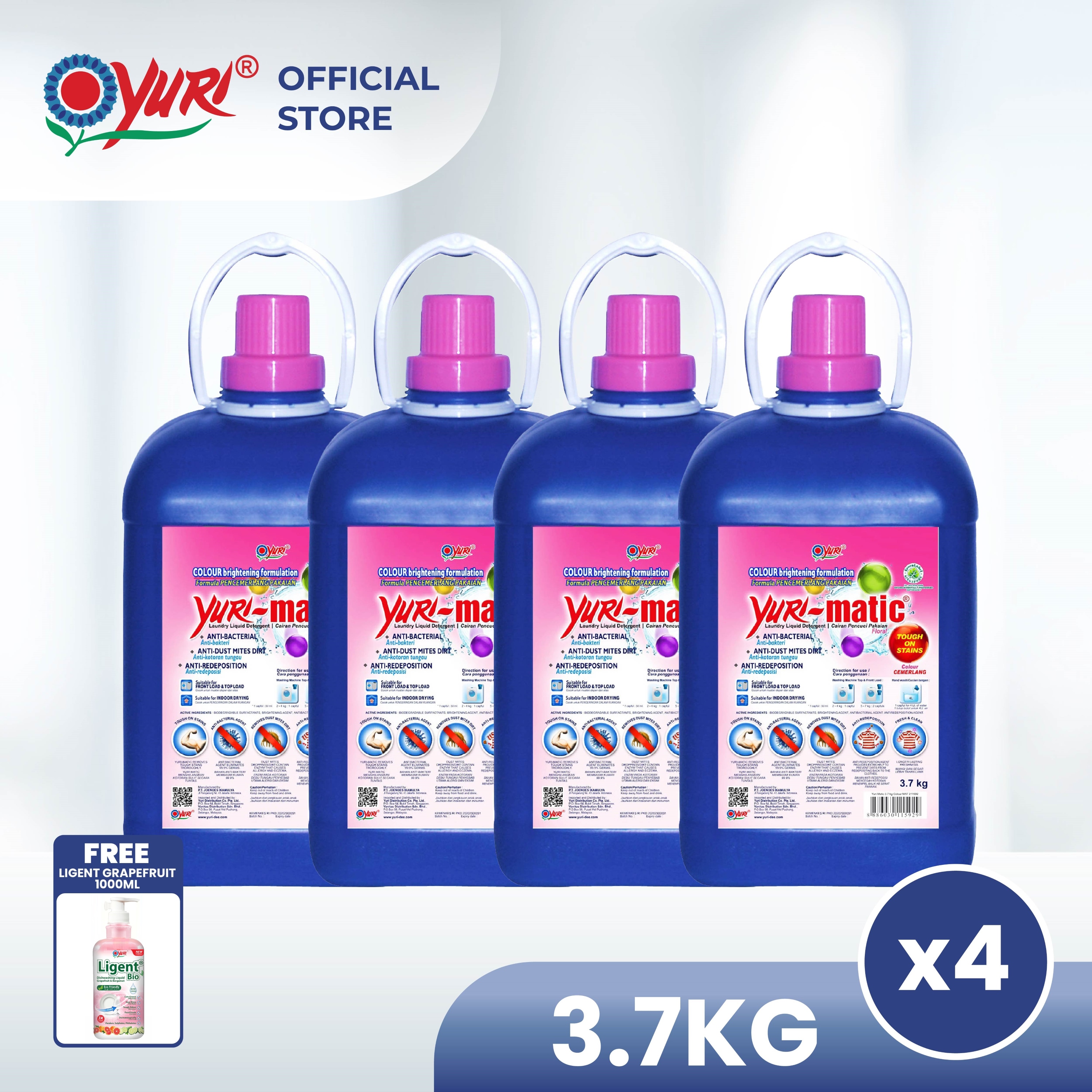[Carton Deal] Yuri-matic Laundry Liquid Detergent 3.7Kg x4 (FOC Ligent ...