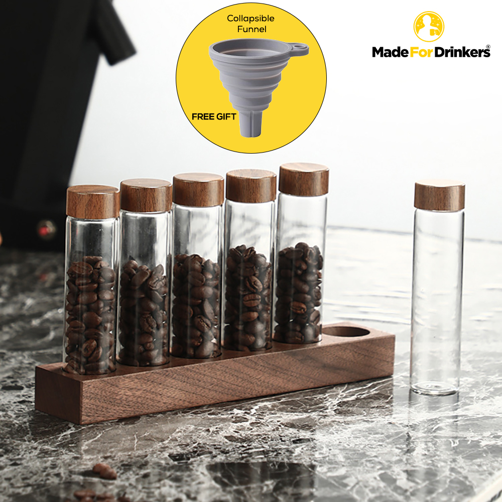 Coffee Bean Test Tube Dosing set with a sleek solid walnut wood holder ...