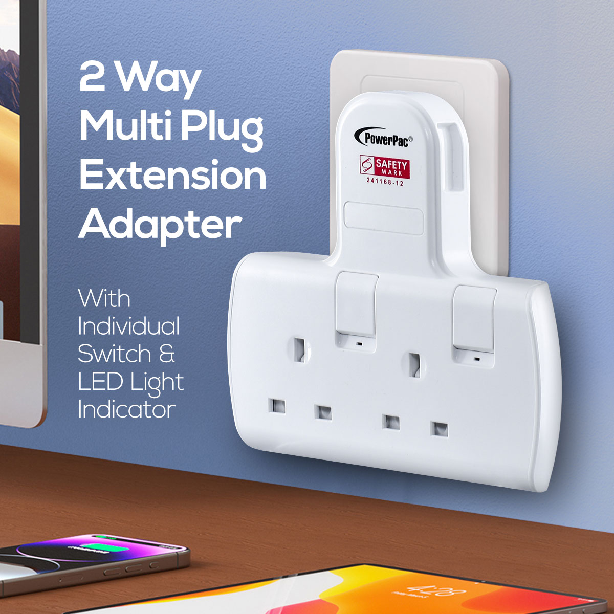 PowerPac Multi Plug Extension Adapter with 2 Way adapter, 2 Way Socket ...