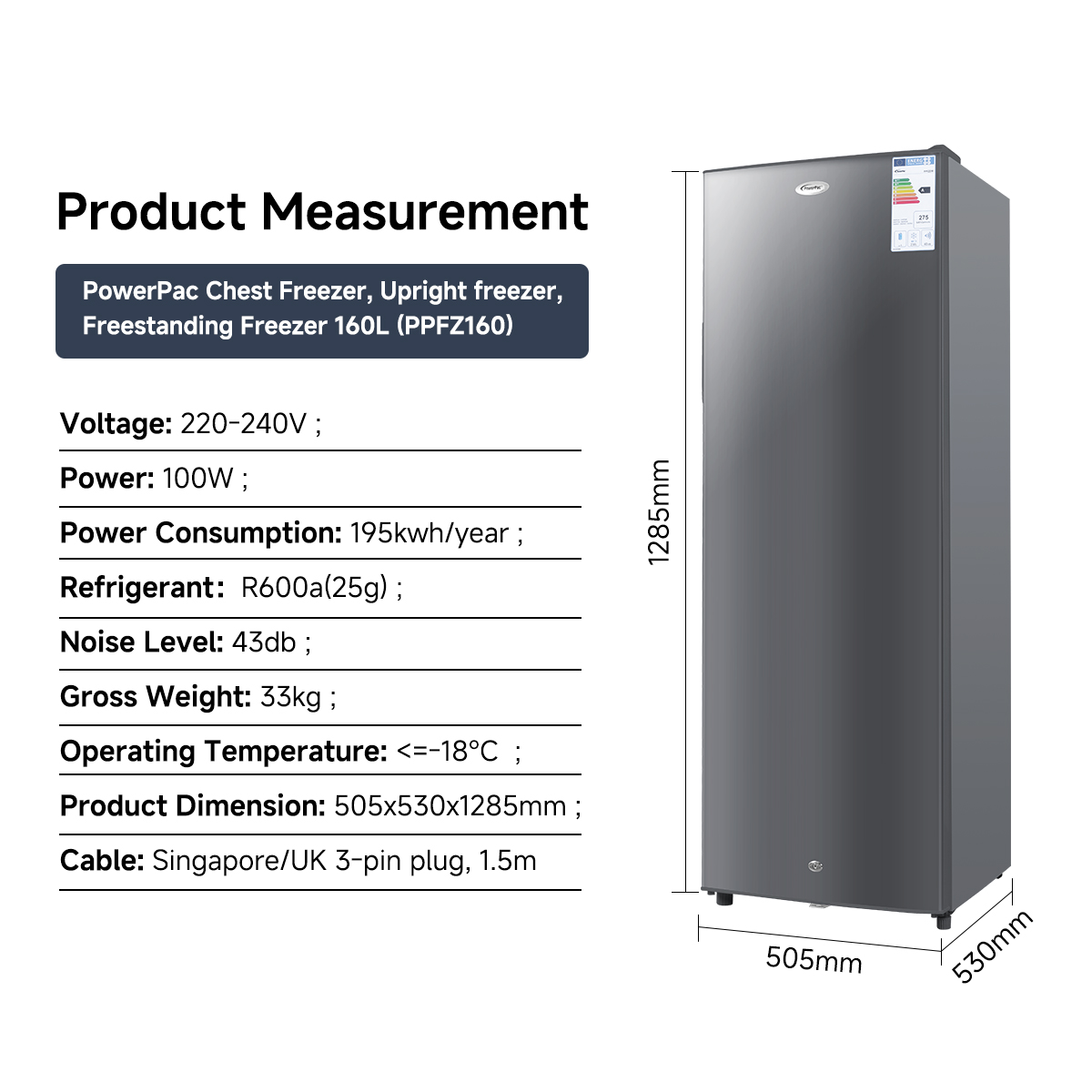 PowerPac Chest Freezer, Upright freezer, Freestanding Freezer 160L ...