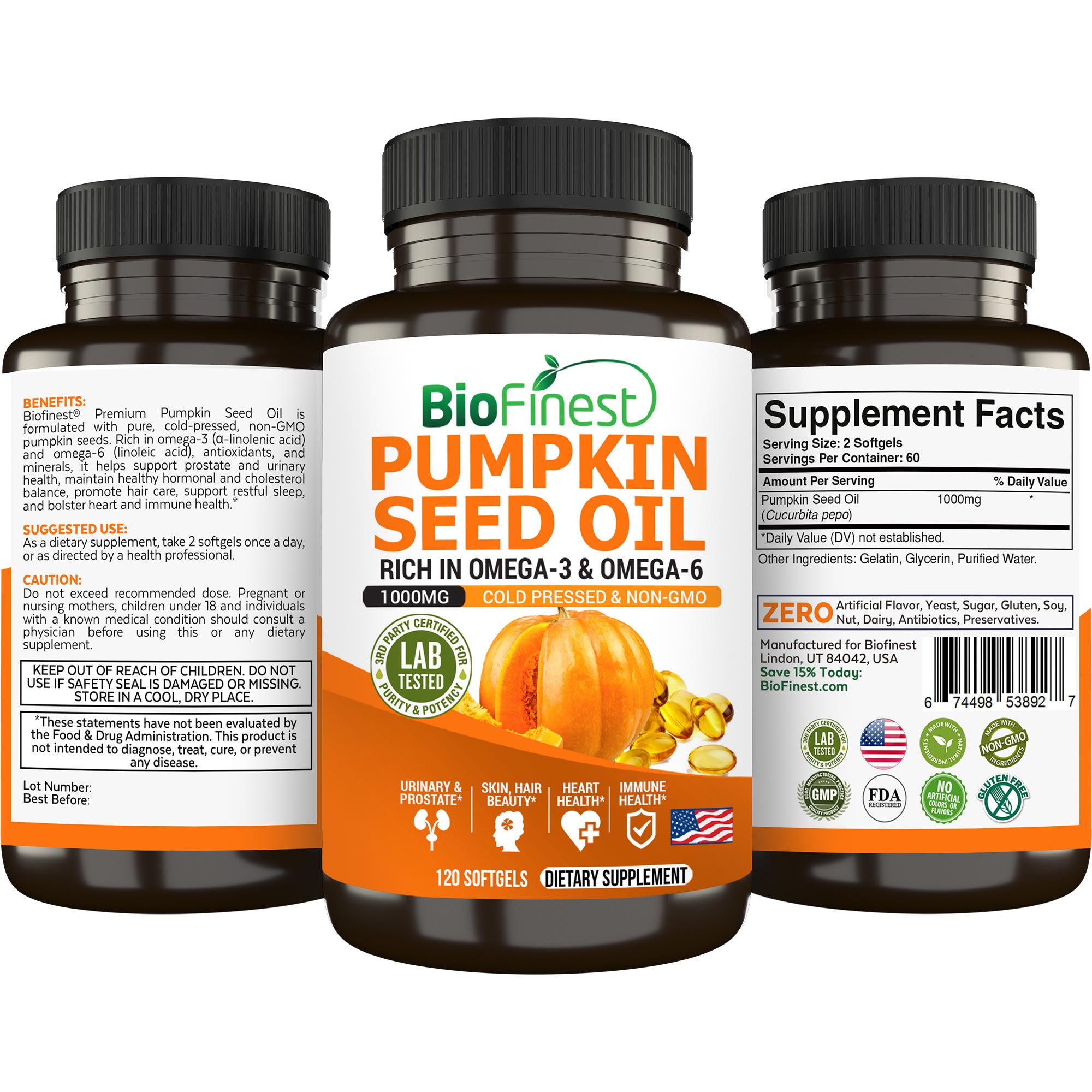 Biofinest Pumpkin Seed Oil Supplement - 1000mg Cold Pressed Omega 3 6 ...