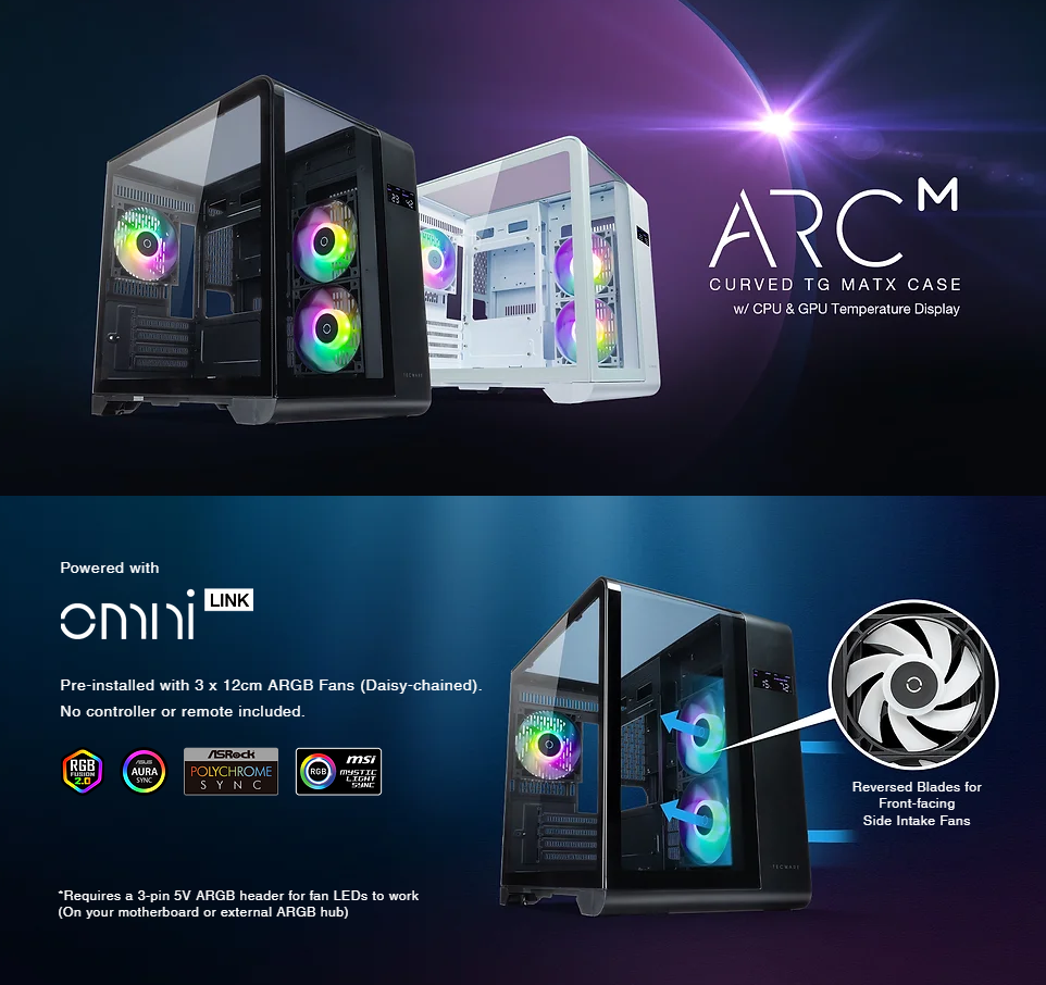 TECWARE ARC / ARC M ARGB CURVED TG ATX / MATX CASE WITH CPU & GPU ...