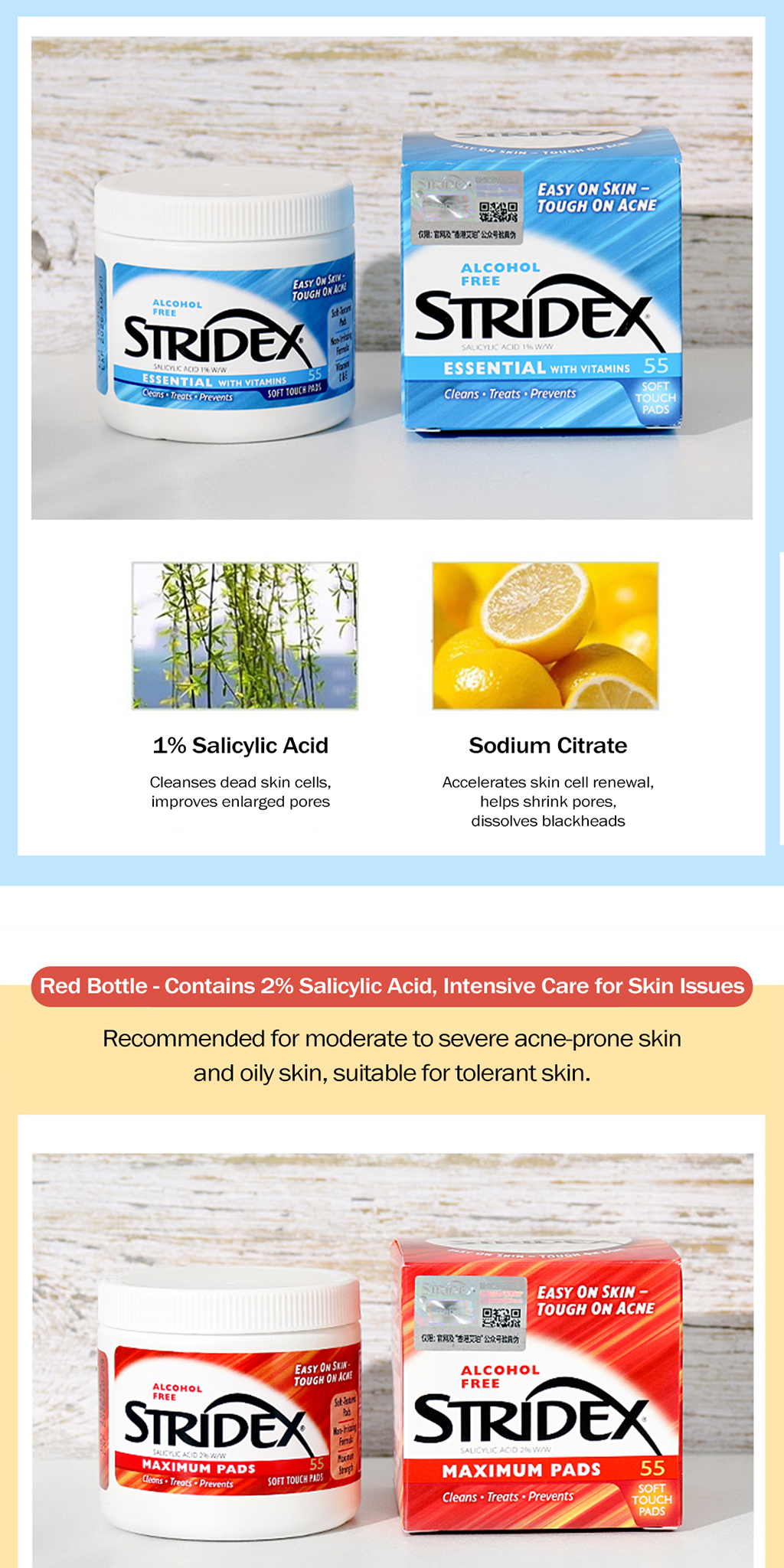 Stridex Acne Control Pads with Salicylic Acid (Sensitive / Maximum /Vitamins ) 55s | Shopee ...