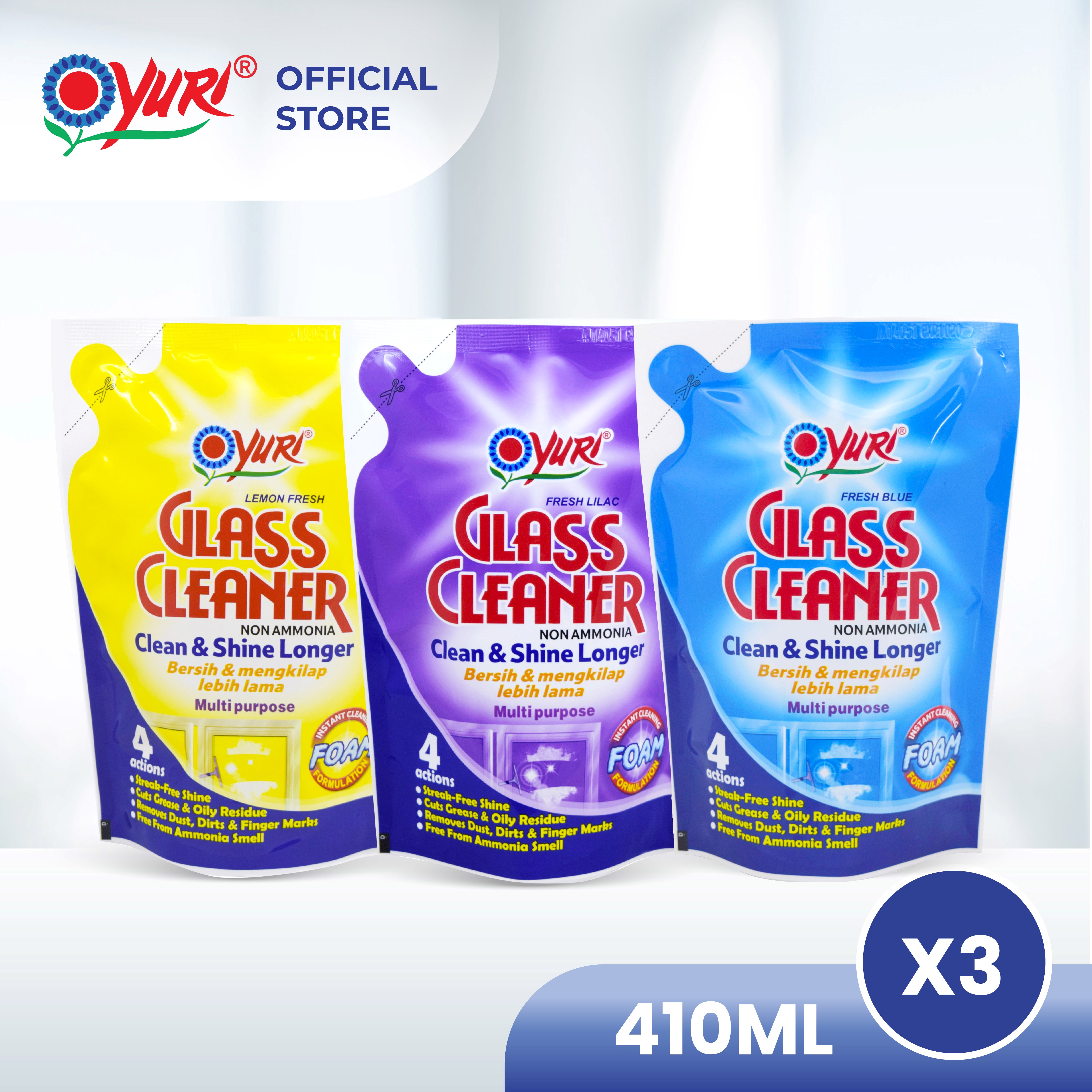 [Bundle of 3] Yuri Glass Cleaner 410ml x3 - Suitable for Auto Glass ...