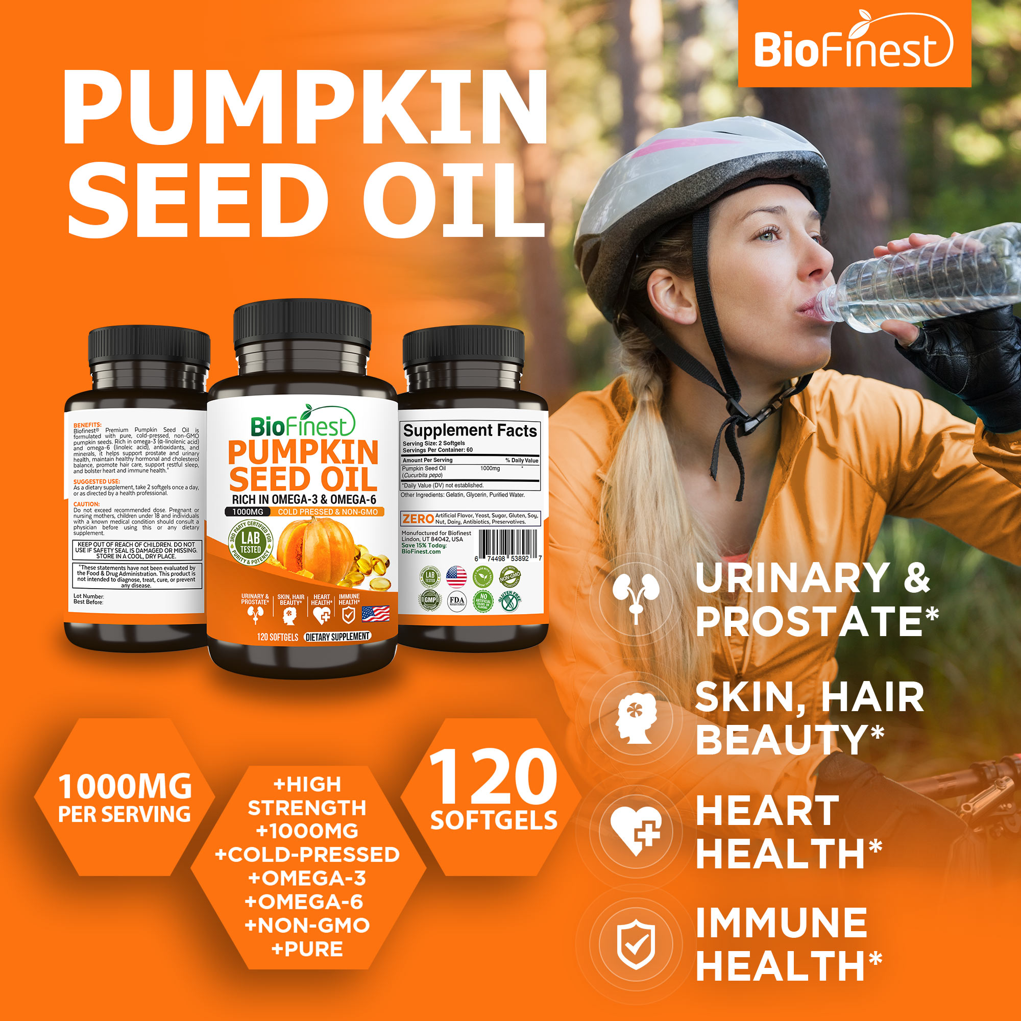 Biofinest Pumpkin Seed Oil Supplement - 1000mg Cold Pressed Omega 3 6 ...