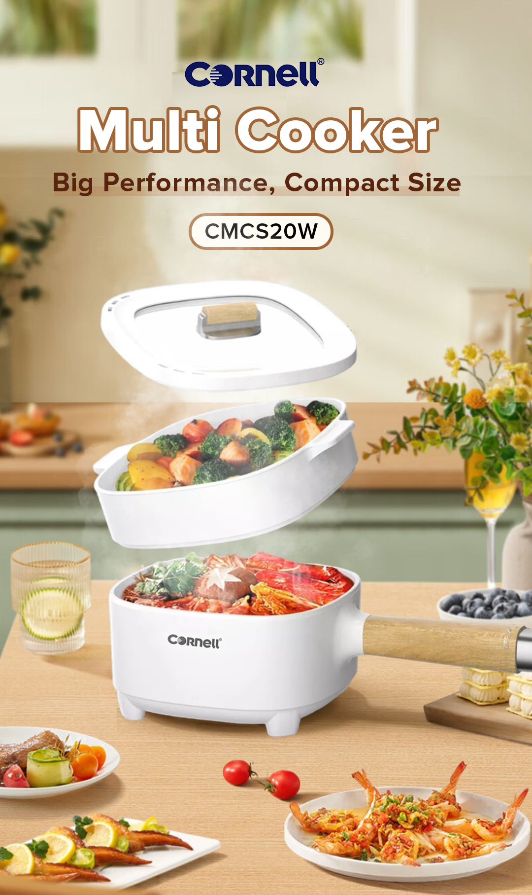 Cornell 2.0L Multi Cooker with Food Tray, Detachable Power Cord ...