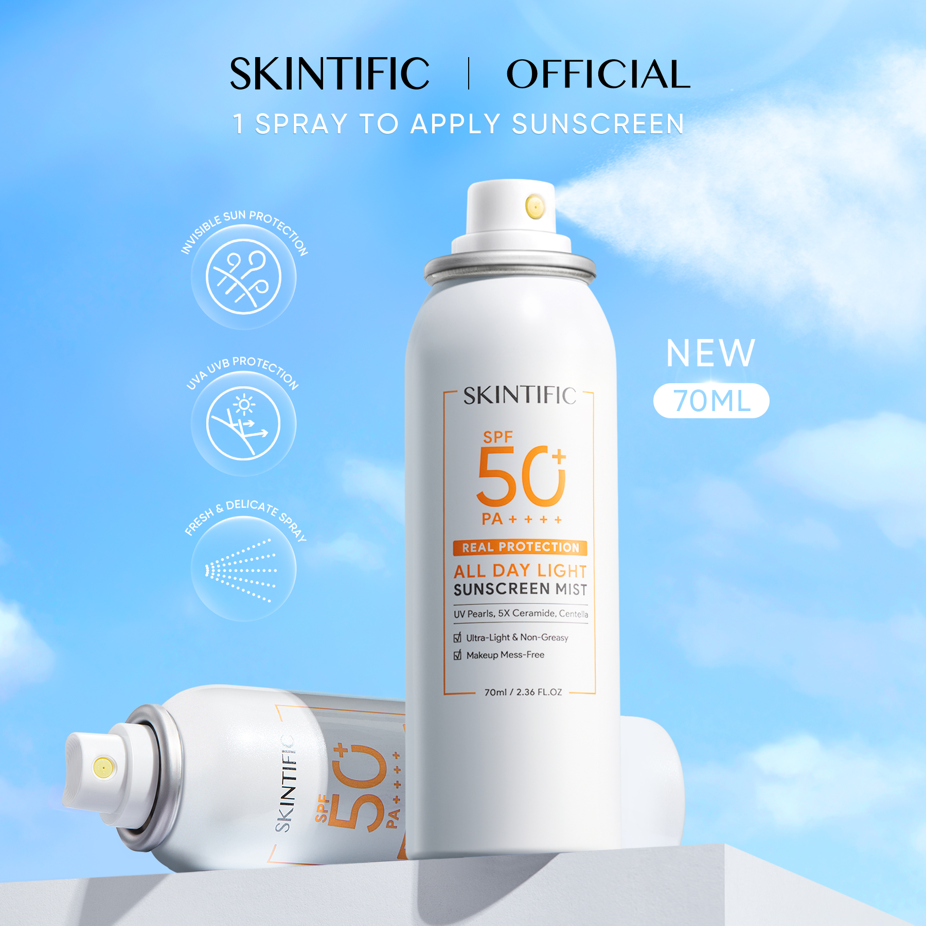 [70ml-Travel Size] SKINTIFIC All Day Light Sunscreen Mist SPF50 PA++++ Sunblock Spray Anti UV ...
