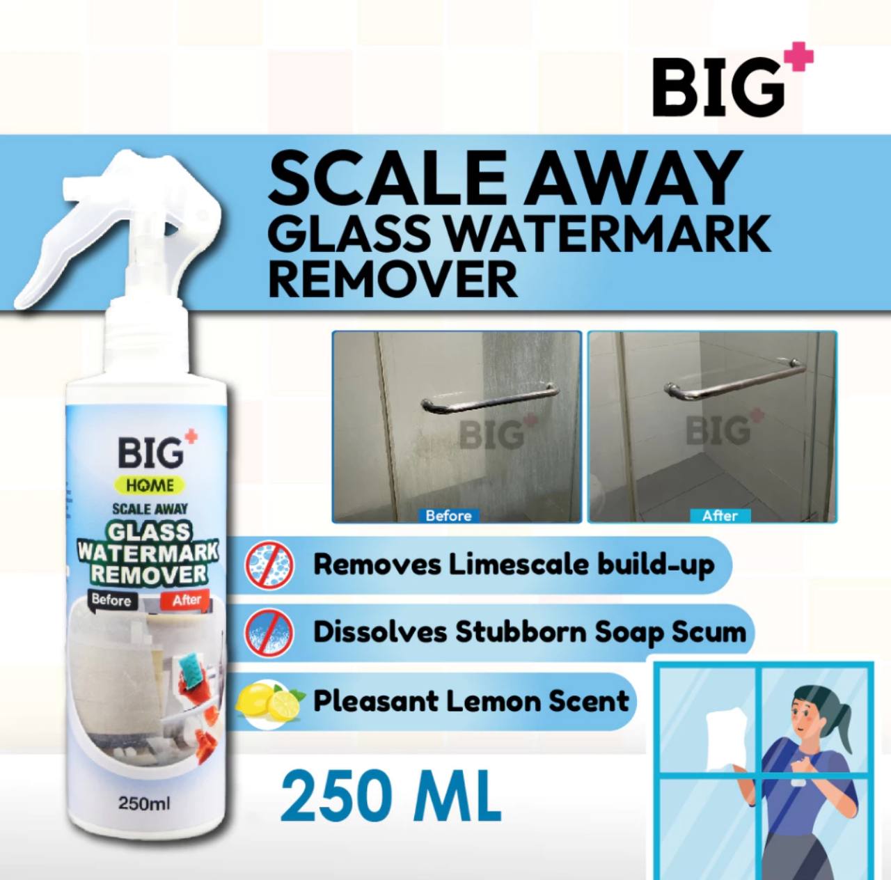 BIG+ Scale Away Glass Watermark Remover 250ml Home Bathroom Toilet Bowl ...