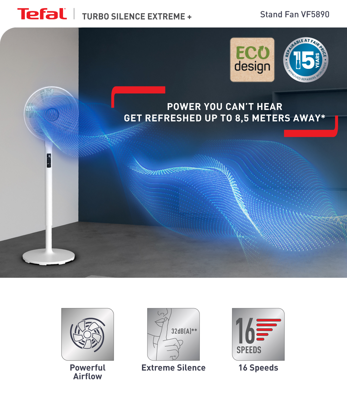 Tefal Turbo Silence Extreme+DC Motor Stand Fan VC5890 - 16inch ...
