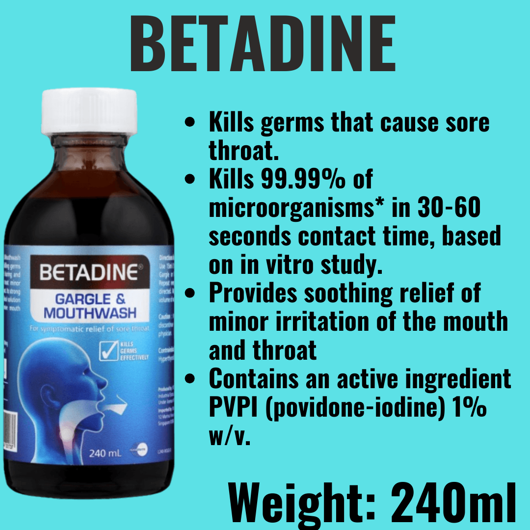 Betadine Gargle & Mouthwash 240ml Ulcer Sore Throat Povidone Iodine ...