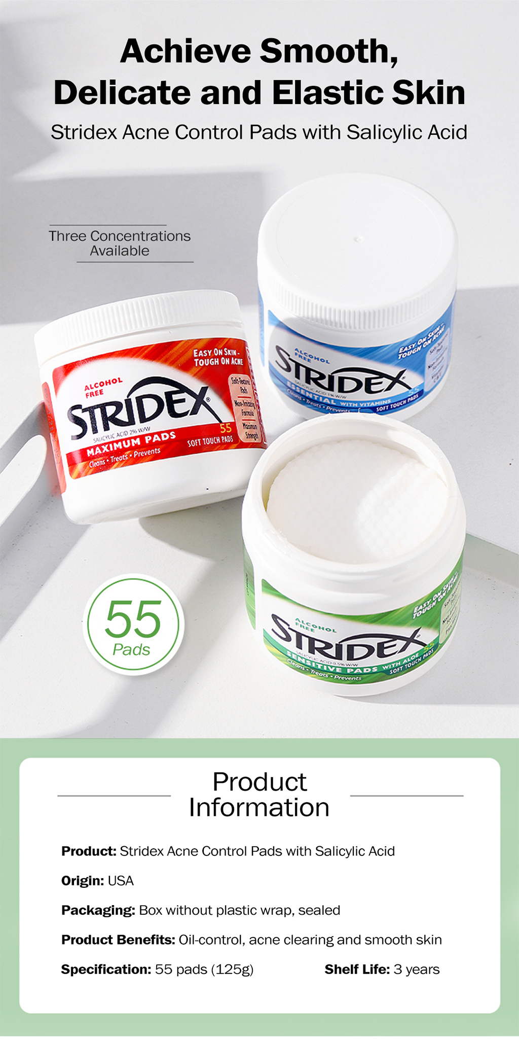 Stridex Acne Control Pads with Salicylic Acid (Sensitive / Maximum /Vitamins ) 55s | Shopee ...