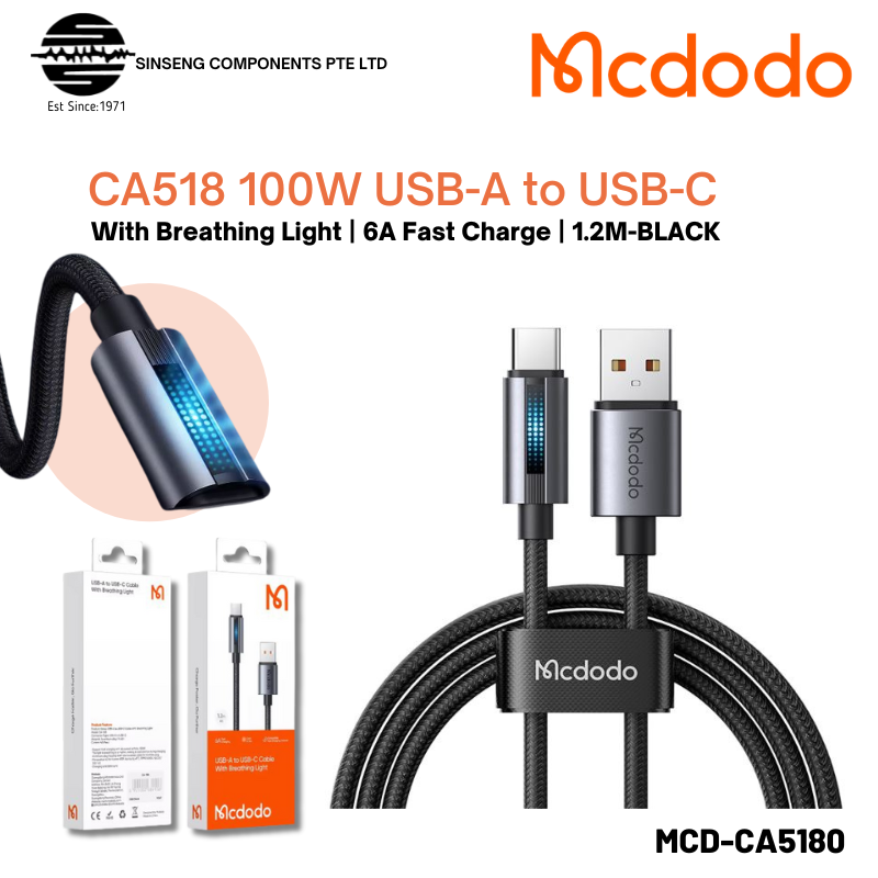 Mcdodo 1.2M USB-A to USB-C Type-C USB TYPE C Cable With Breathing Light 6A Super Fast Charge ...