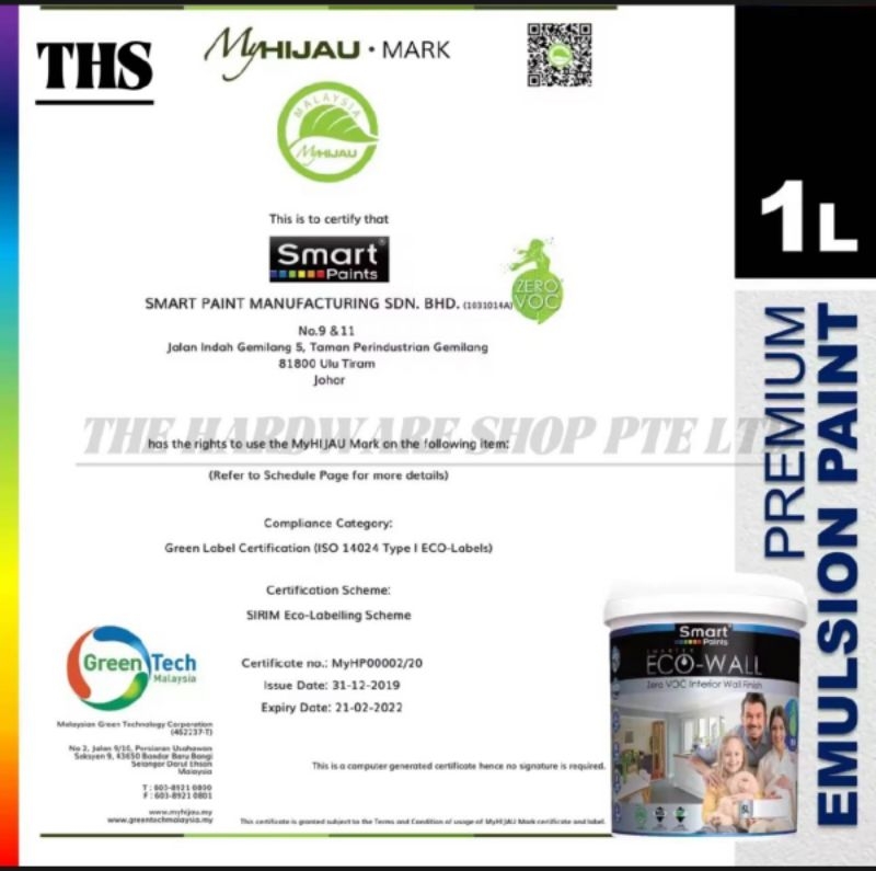 SMART PAINTS SMARTEX ECO-WALL 9102 （WHITE） 1L | Shopee Singapore