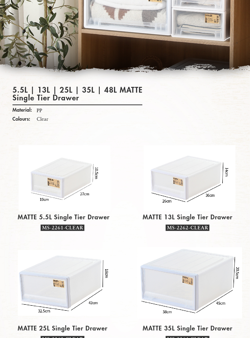 HOUZE - MATTE - 5.5L|13L|25L|35L|48L Single Tier Drawer - Stackable | Wardrobe | Space Saver ...