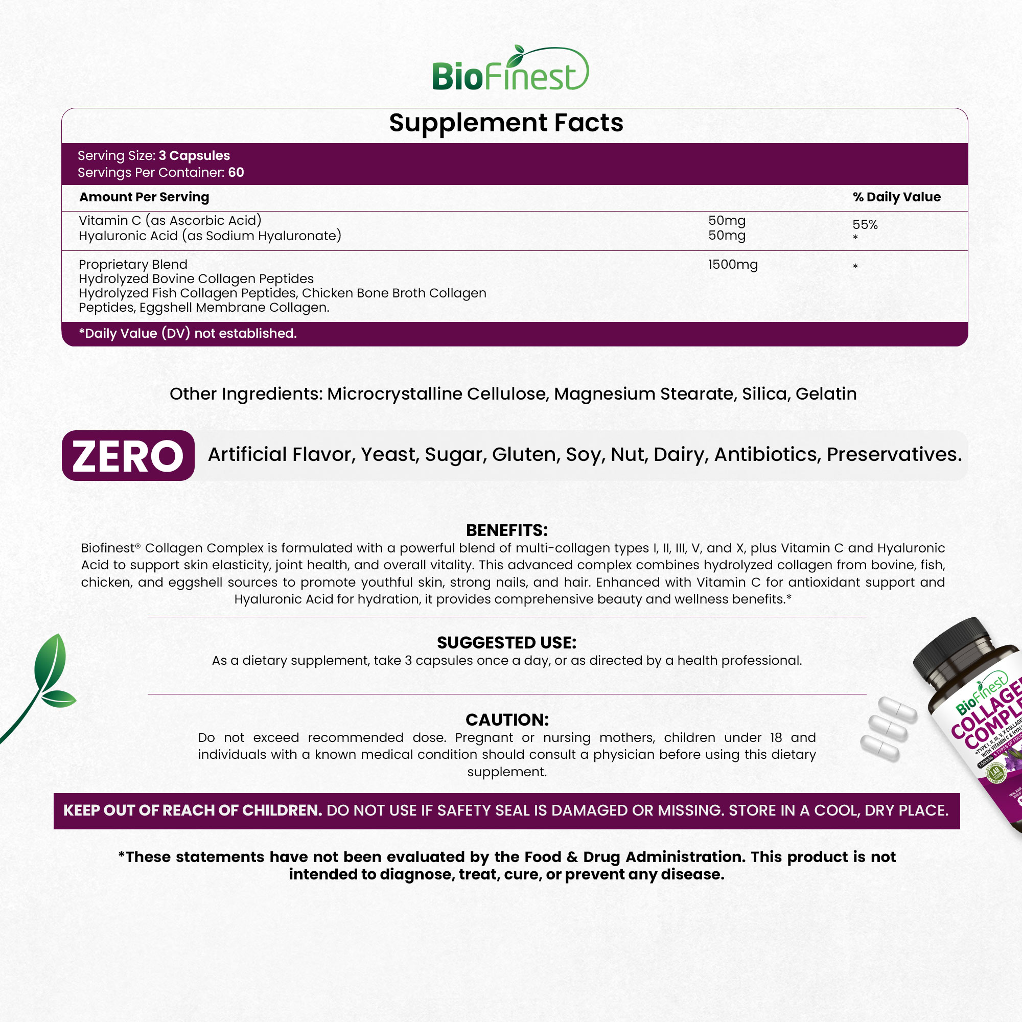 Biofinest Collagen Complex Supplement 1500mg Type 1 2 3 5 10 Hydrolyzed ...