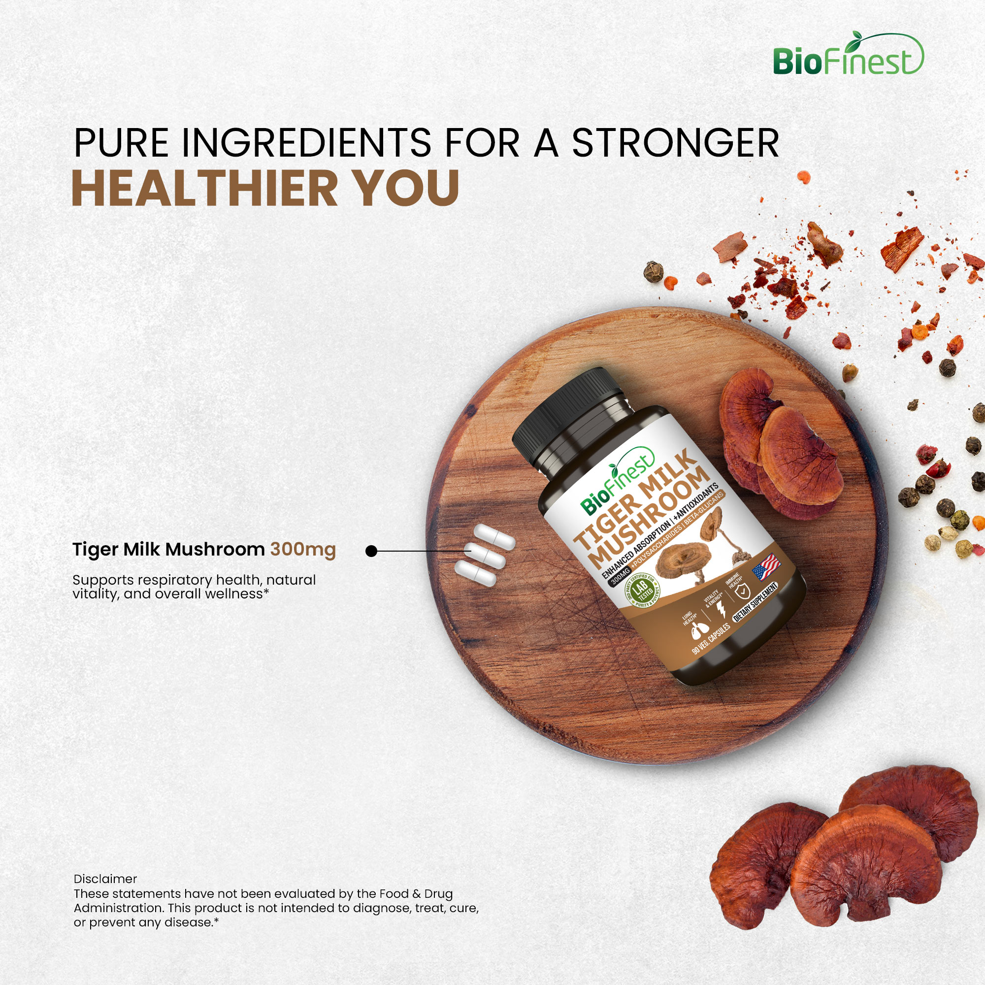 Biofinest Tiger Milk Mushroom Supplement - 300mg Respiratory Lung ...