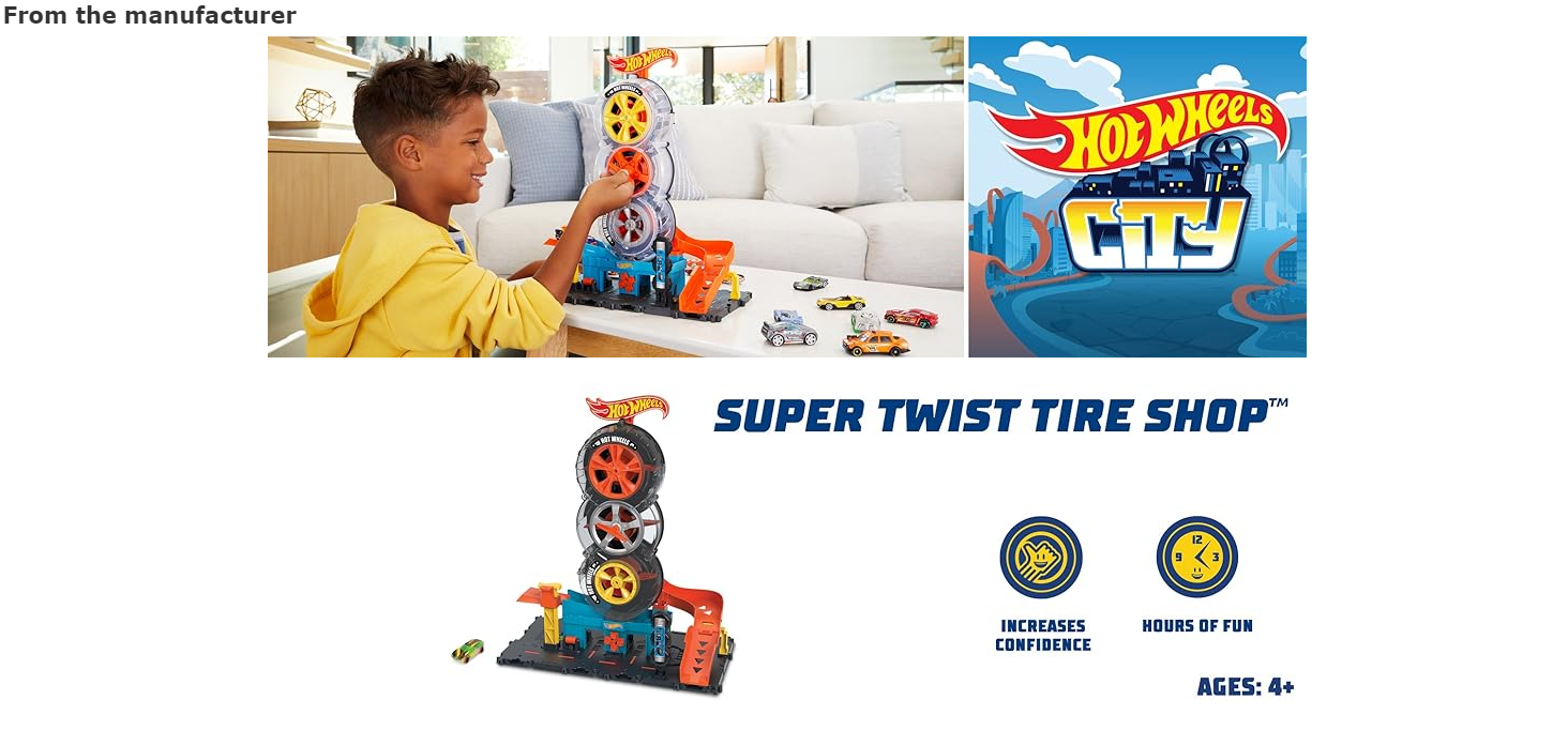 Hot Wheels Toy Car Track Set City Super Twist Tire Shop with 1:64 Scale ...