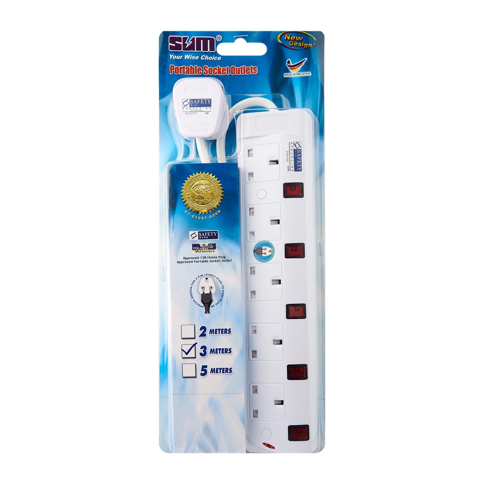 SUM 13AMP 3-Way Socket Multi Plug / SUM 5 Outlets 3 Pin Portable Socket ...