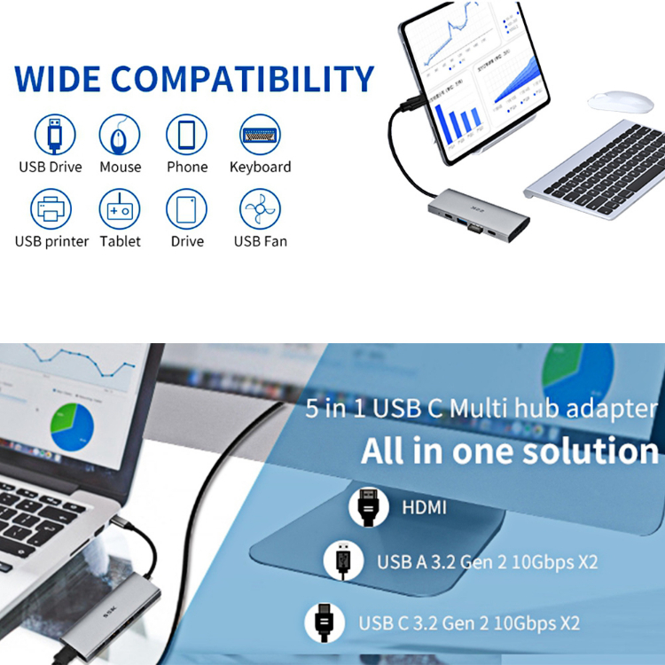 SSK SC108 5-In-1 Multi Port USB Type C Adapter 1050MB/s USB 3.2 Gen2 ...