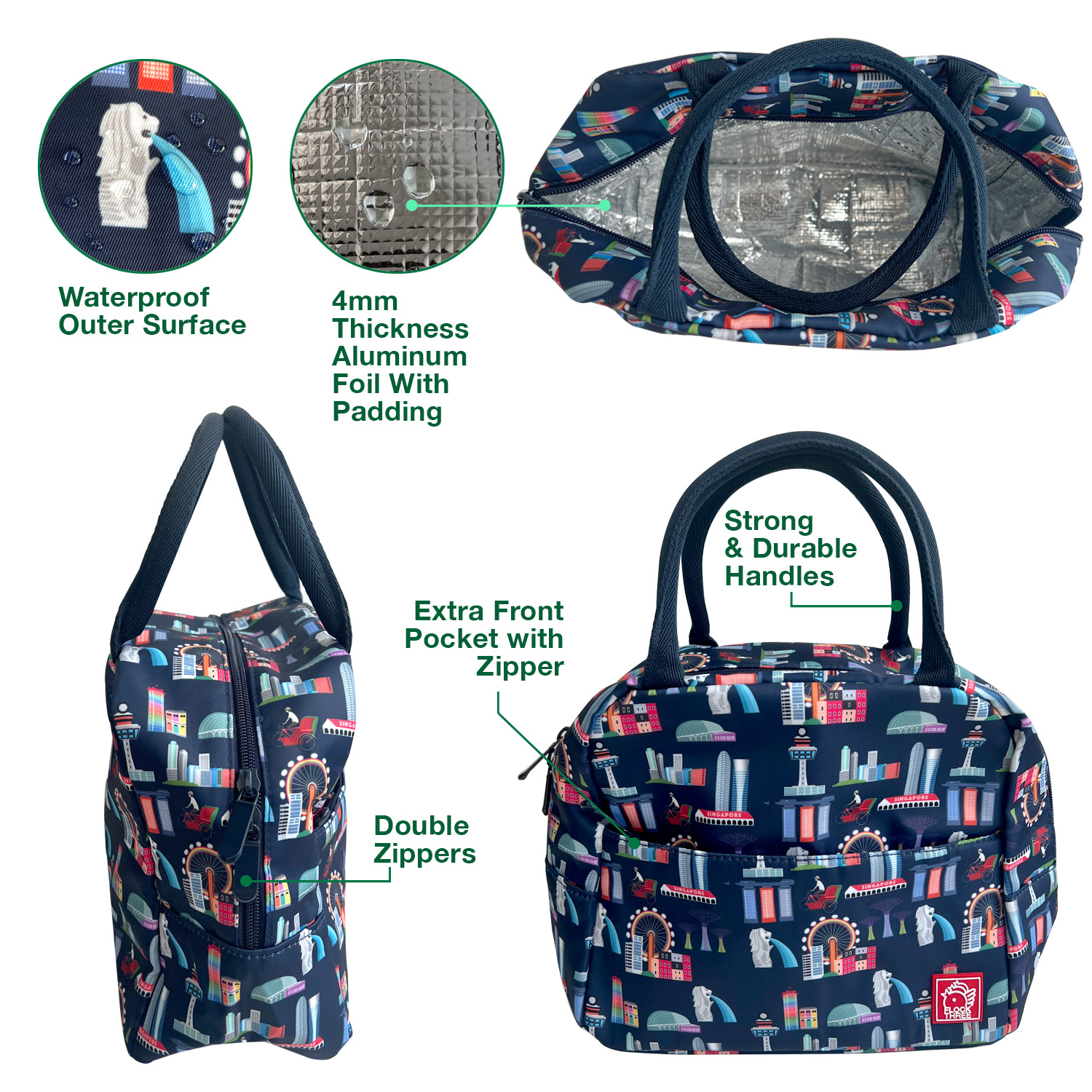 FLOCK THREE Waterproof Insulated Lunch Bag Food Drinks Container for ...