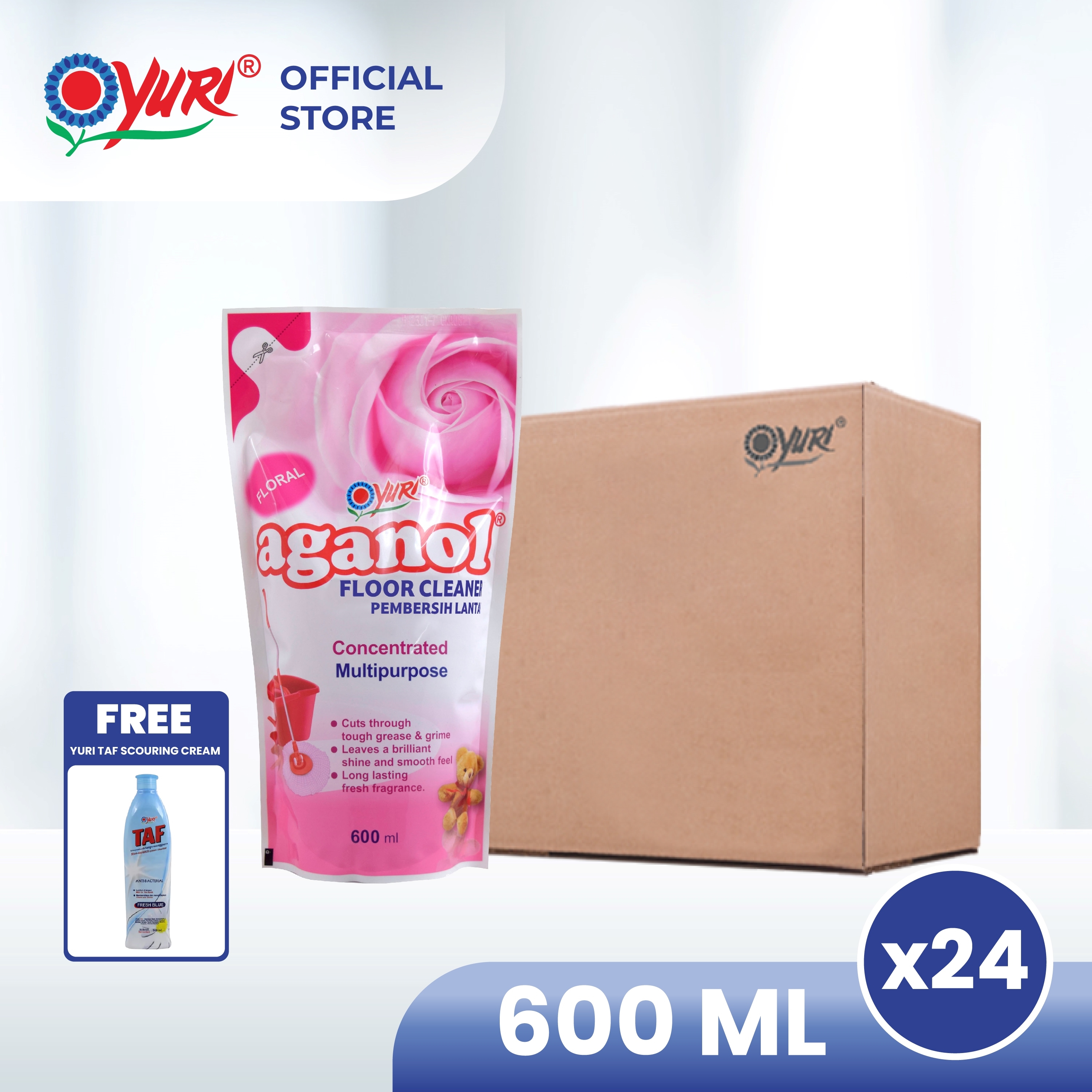 [Carton Deal] Yuri Aganol Multi-Purpose Antibacterial Floor Cleaner Refill 600mlx24 + Free Yuri ...