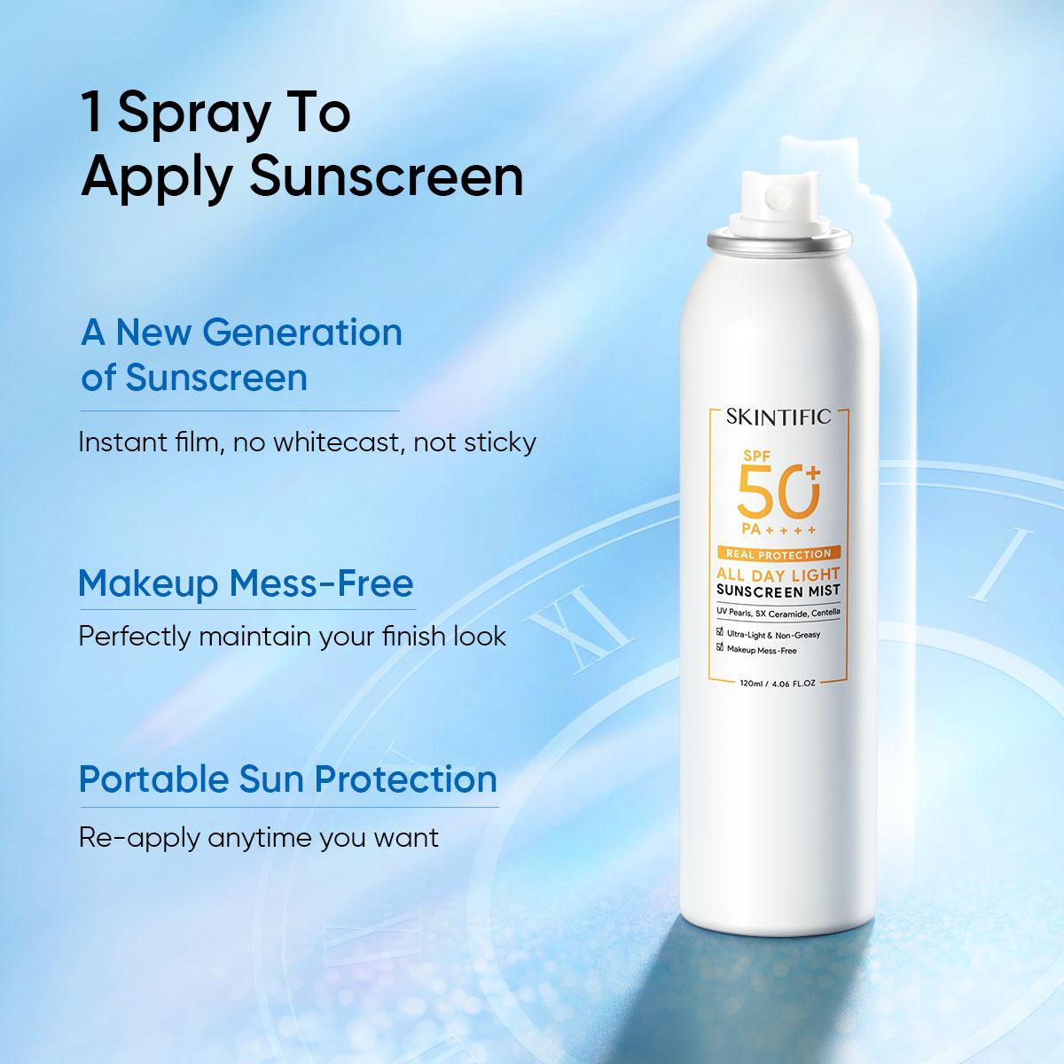 [120ml] SKINTIFIC All Day Light Sunscreen Mist SPF50 PA++++ - Sunblock Spray Anti UV Face Body ...
