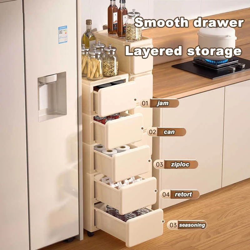 Movable Creamy Slim Drawer Cabinet Kitchen Narrow Storage Organisers ...