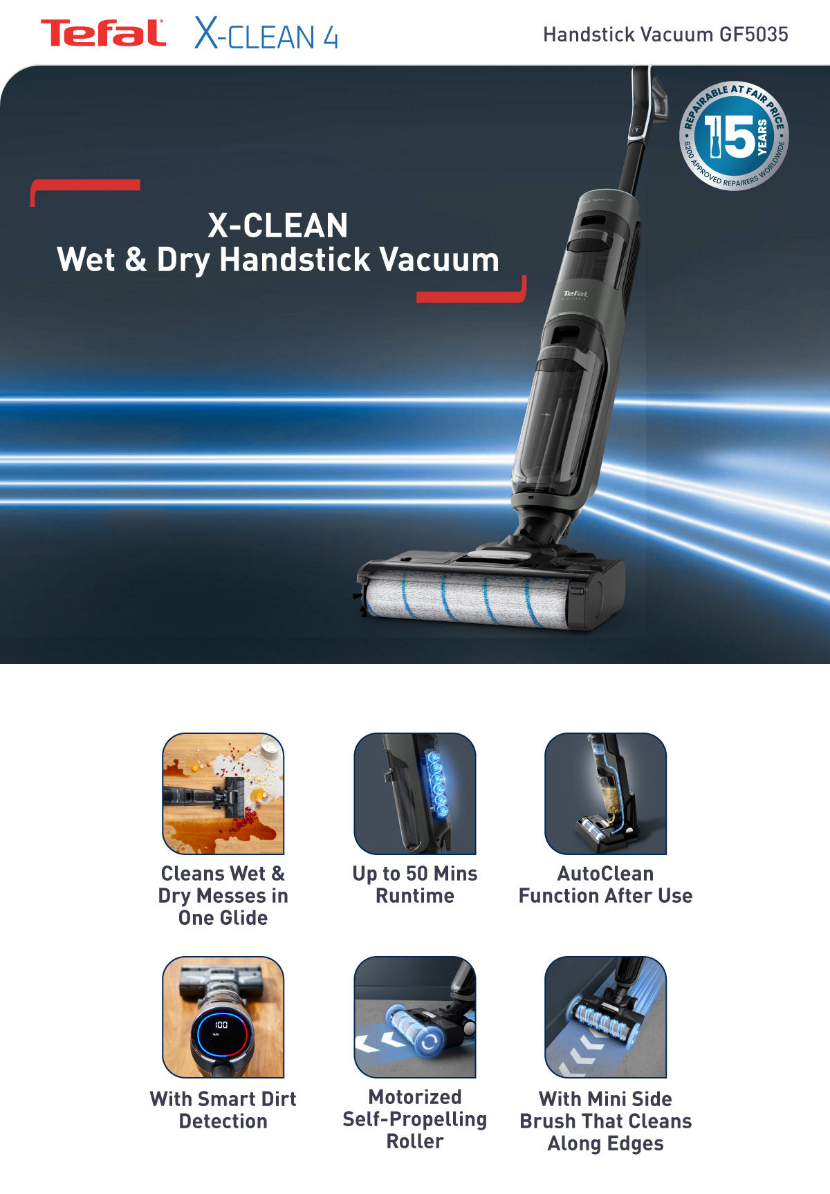 Tefal X-Clean 4 Wet & Dry Handstick Vacuum GF5035 - 2-in-1 Vacuum ...