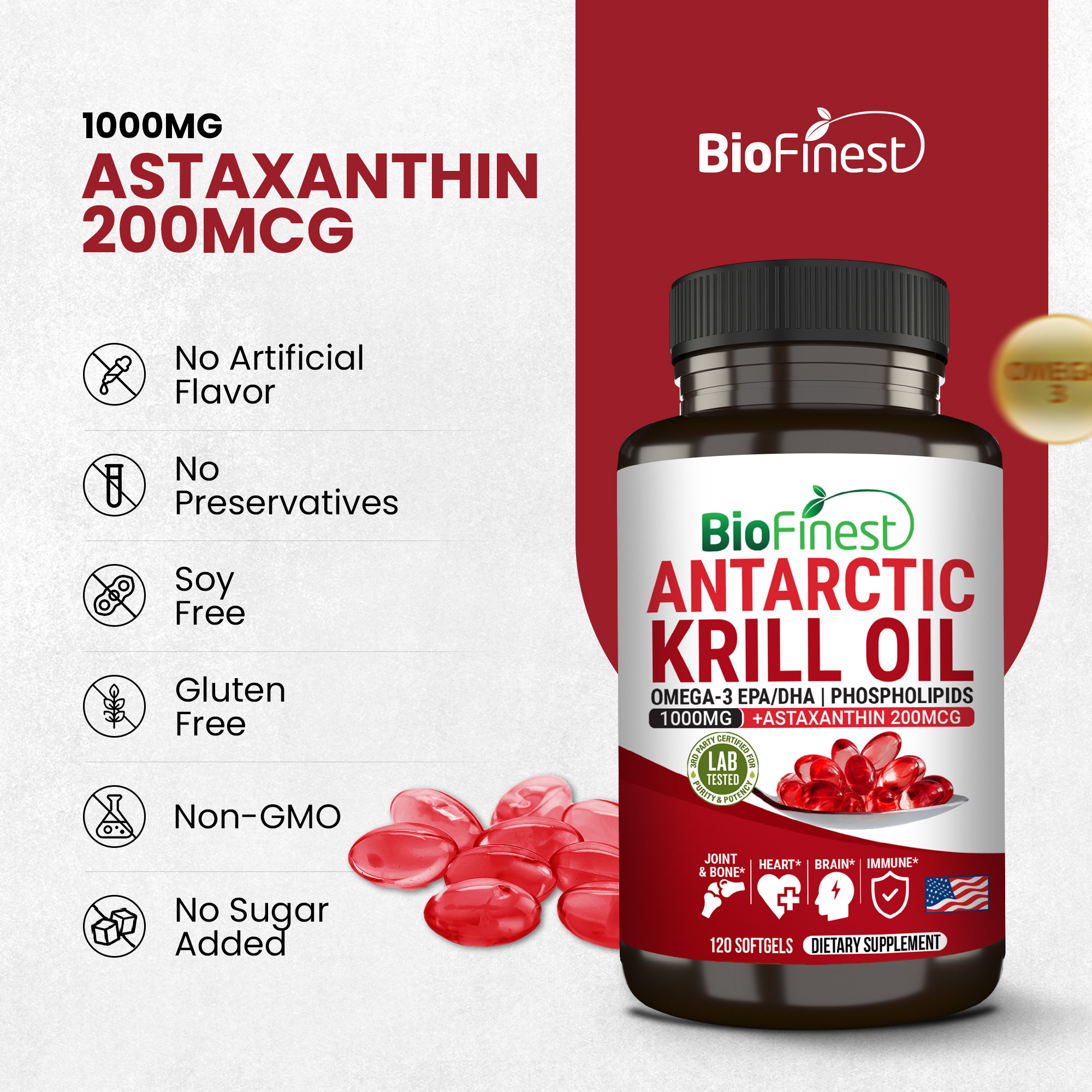 Biofinest Antarctic Krill Oil 1000mg Supplement - 12x EPA DHA Omega 3 ...