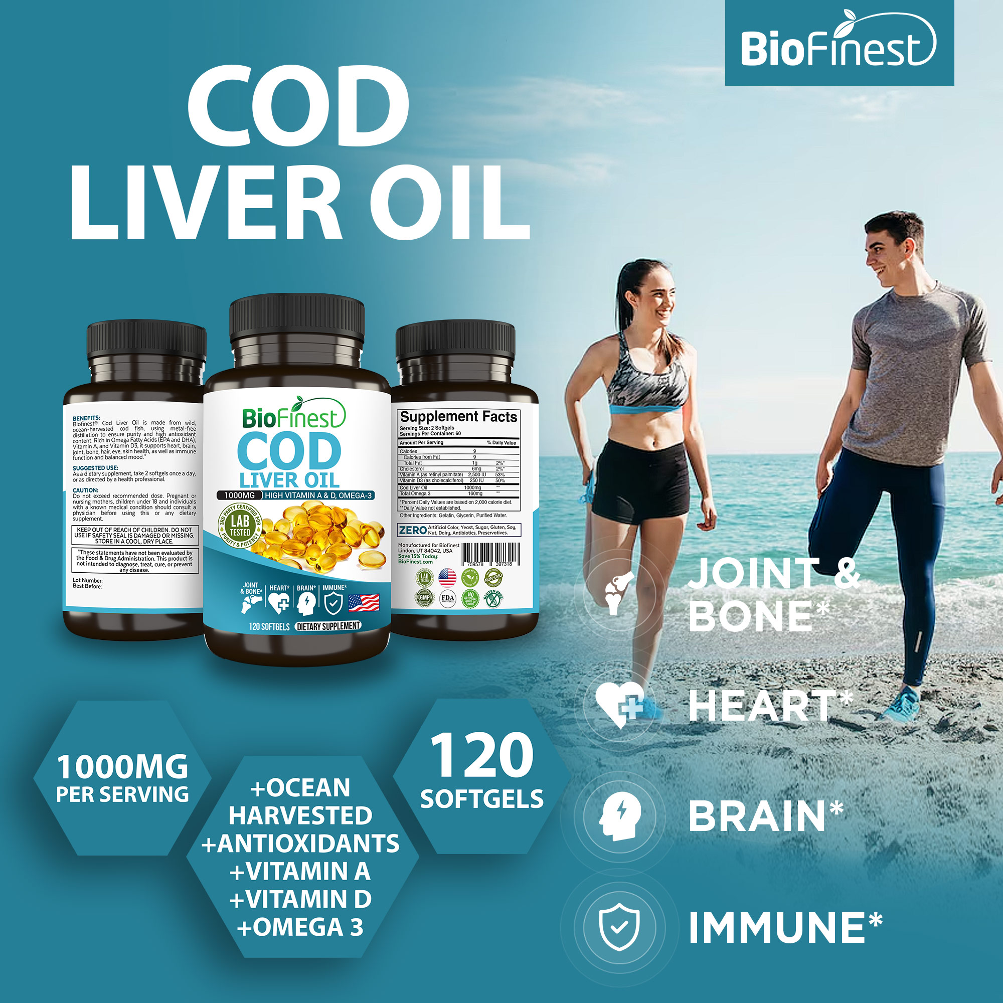 Biofinest Cod Liver Oil 1000 mg - Arctic Cod Fish Vitamin A D Omega 3 ...