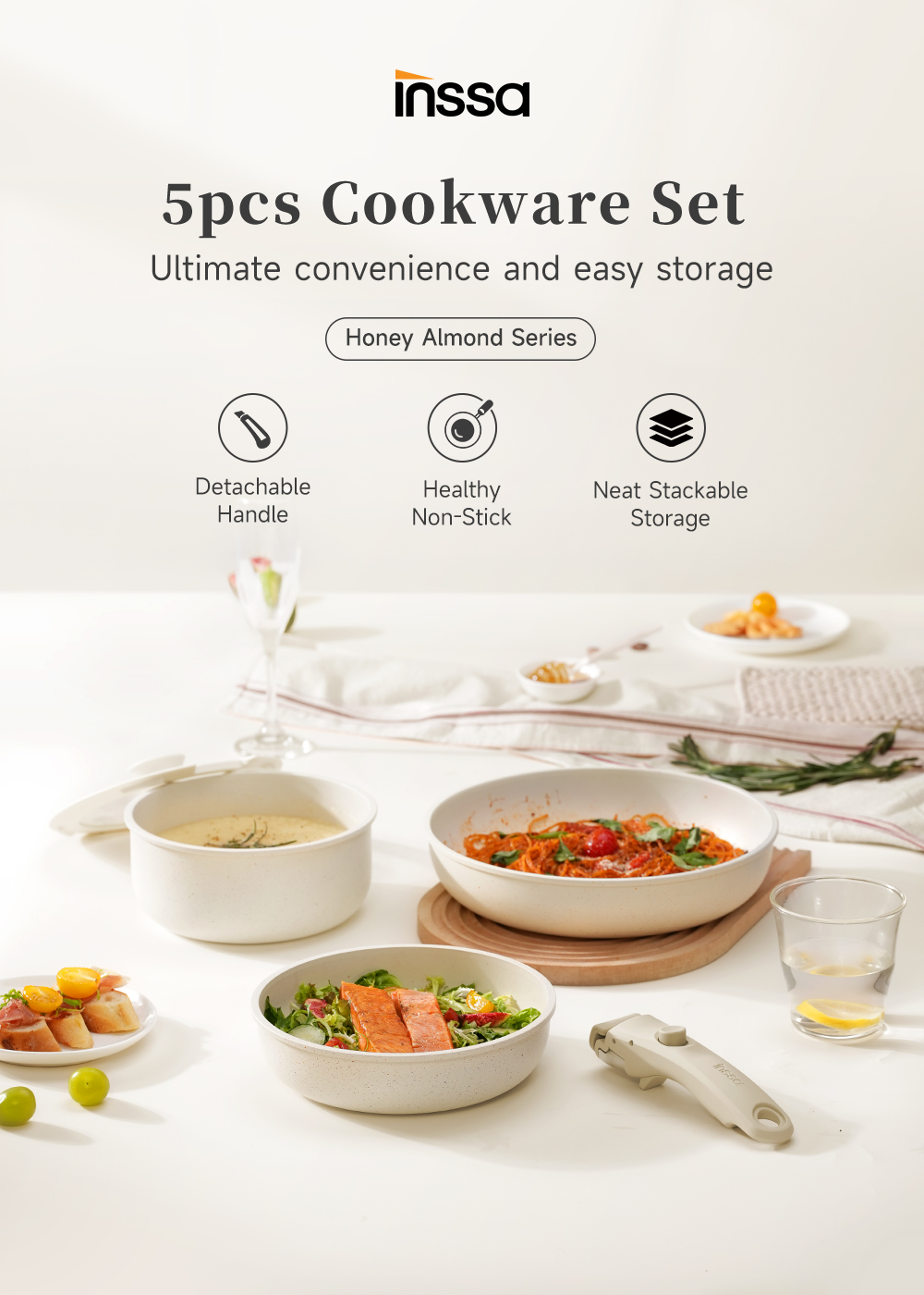 Inssa 5pcs Cookware Set丨18cm Saucepan 20cm 26cm Frying Pans丨Detachable ...