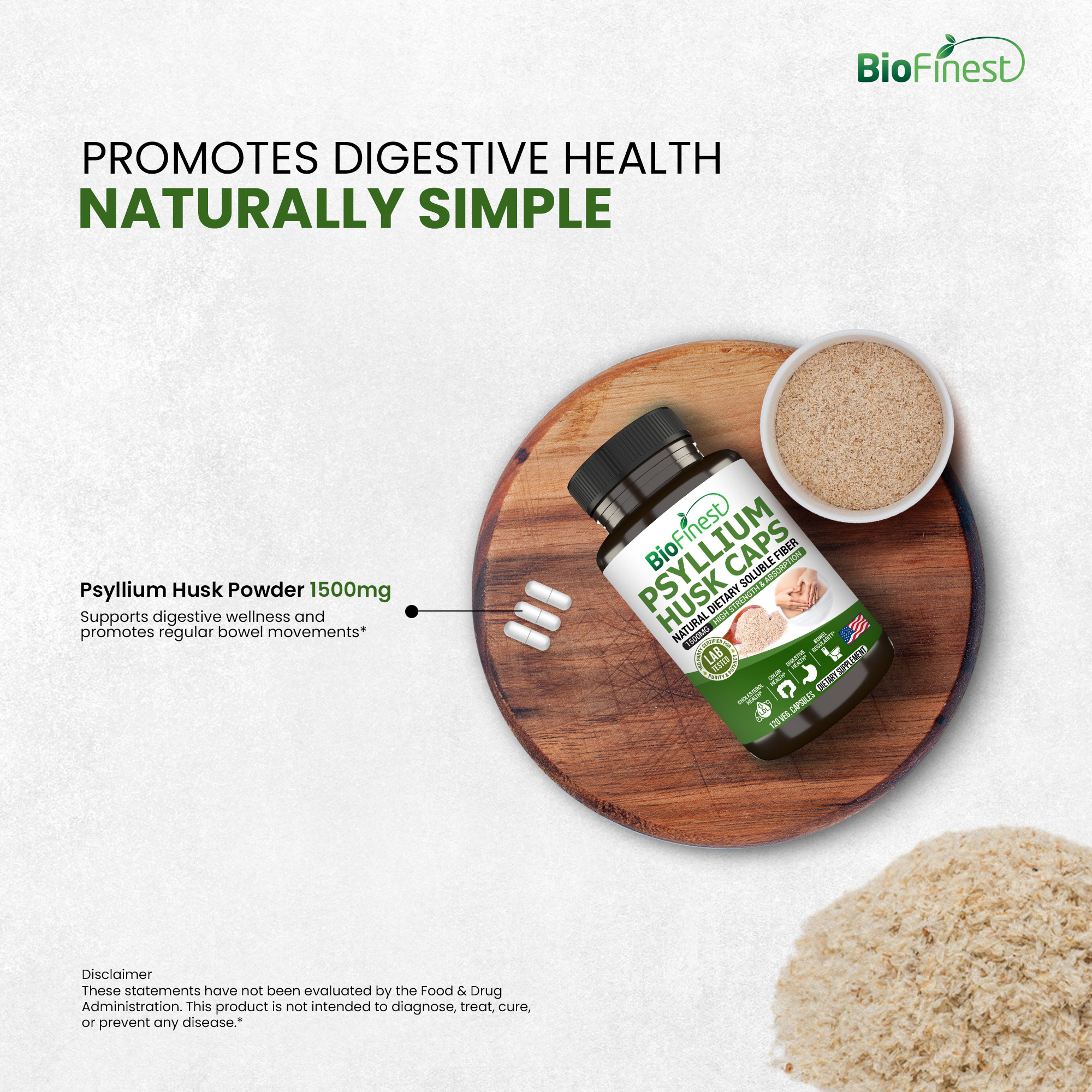 Biofinest Psyllium Husk Capsule Supplement - 1500mg Fiber Digestion Gut ...