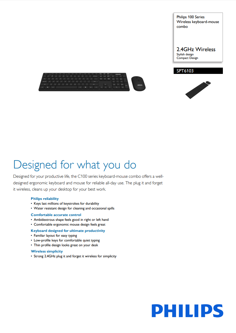 Philips SPT6103 Wireless Keyboard and Mouse Combo | Ambidextrous, Low ...