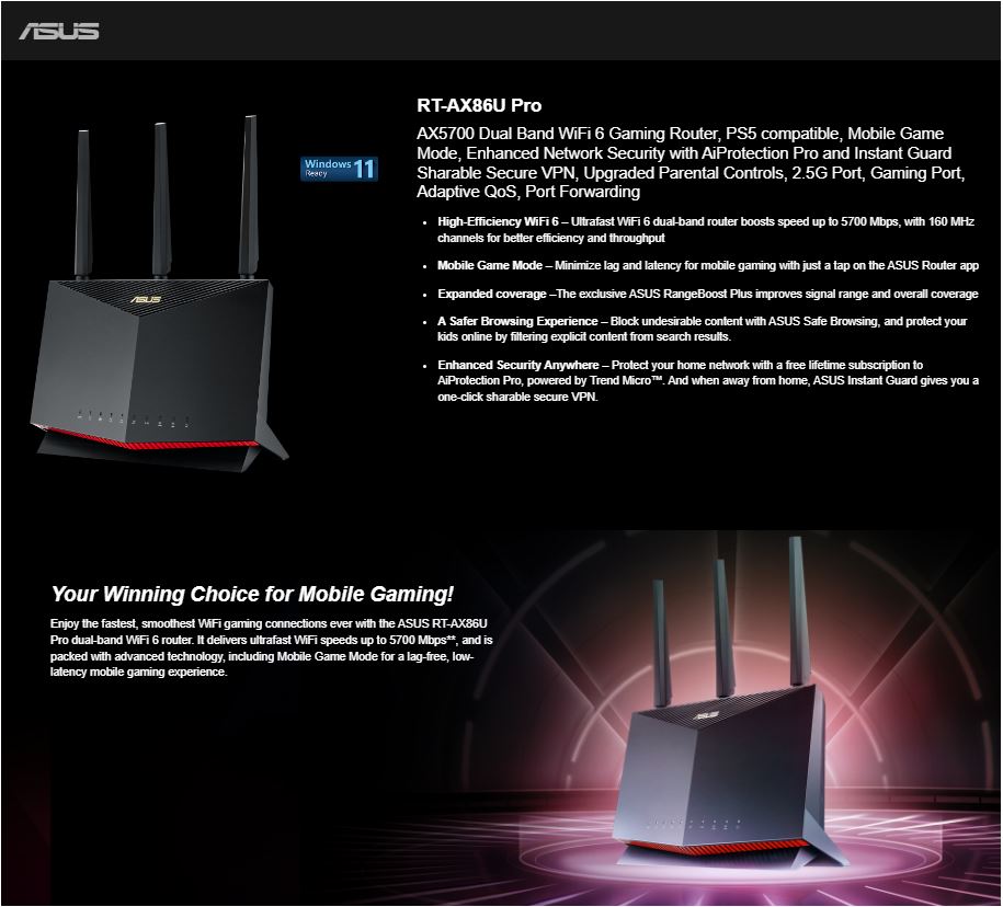 ASUS RT-AX86U PRO WiFi 6 Dual Band Gaming Router | Shopee Singapore