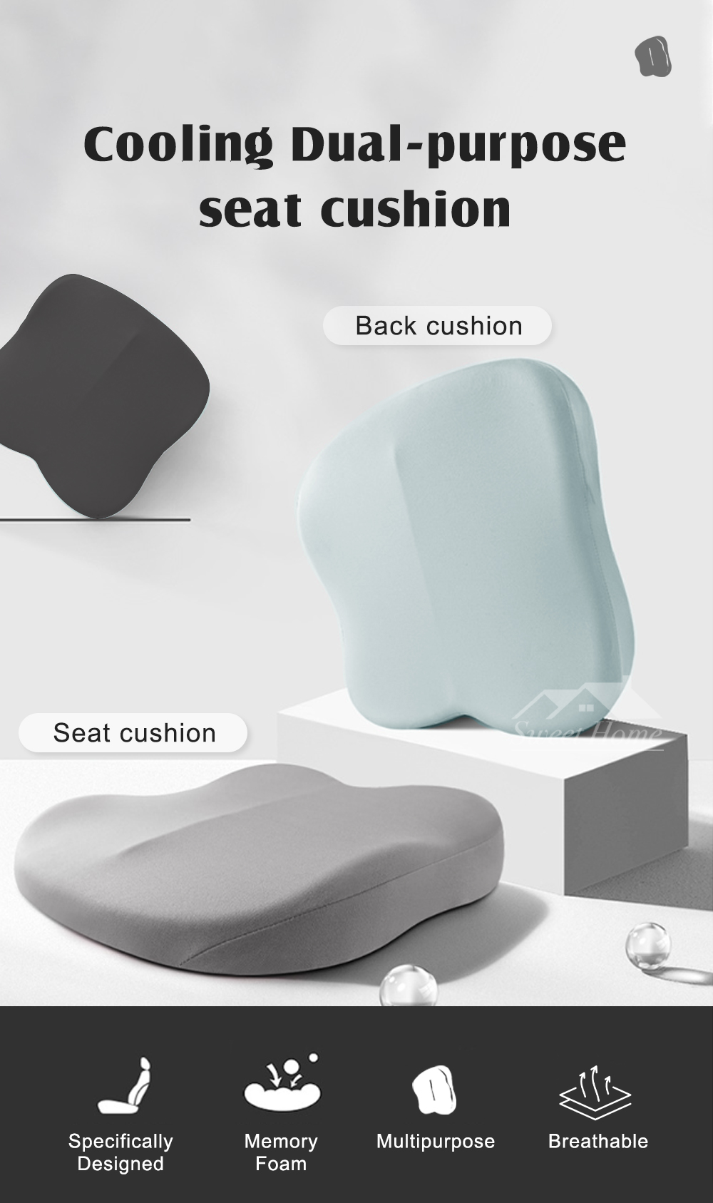 Cooling Dual-purpose Seat Cushion & Back Cushion Memory Foam Soft ...