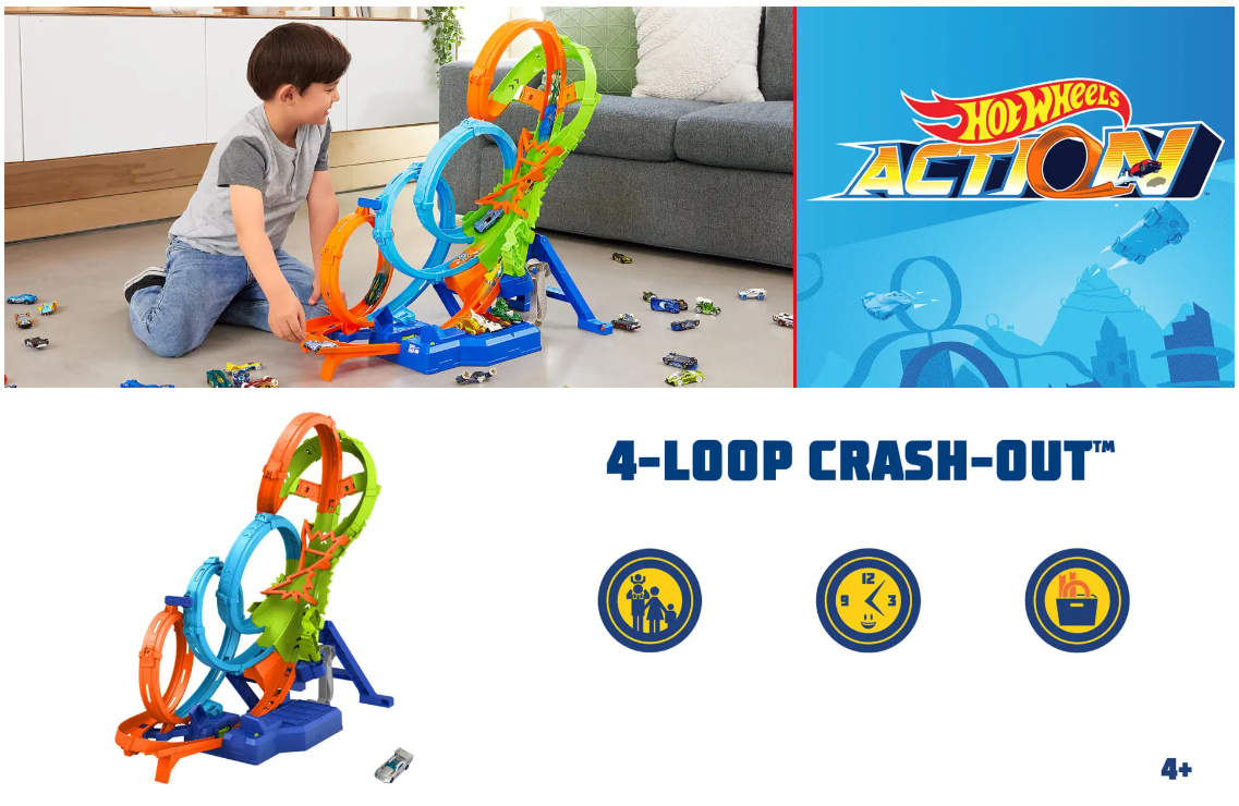 Hot Wheels Action 4-Loop Crash Out Track Set With Motorized Booster & 1 ...