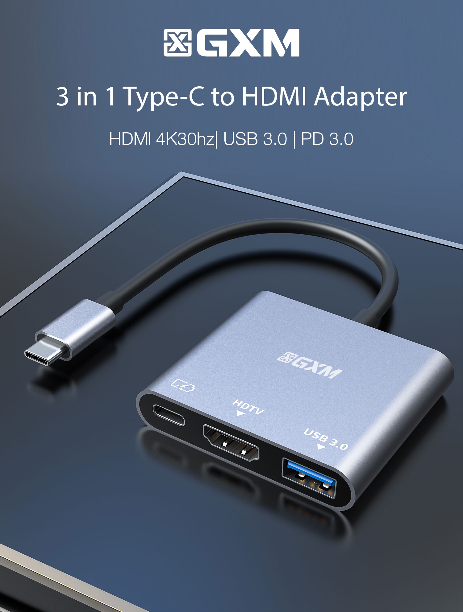 GXM 3 IN 1 Type-C to HDMI Adapter Hub HDMI PD Charging USB Laptop ...