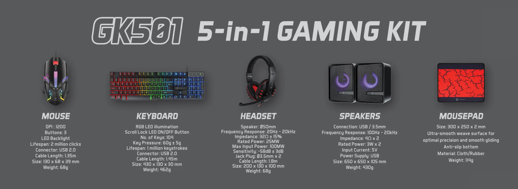 Cobalt GK501 5 in 1 Gaming Kit - Gaming Headphone - Gaming Keyboard - Gaming Mouse - Mousepad ...